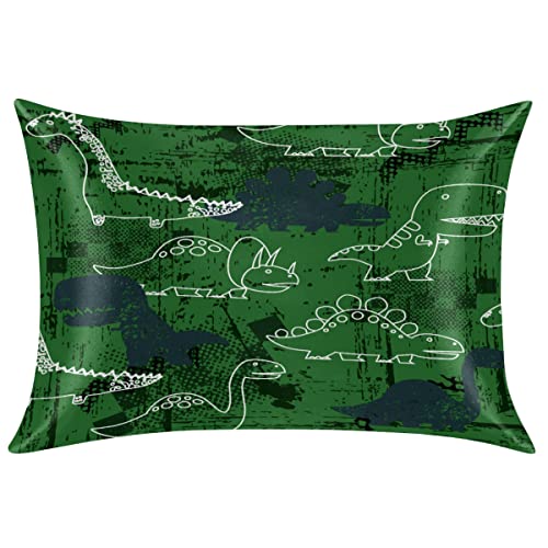 Silk Satin Pillowcase Queen Size for Hair and Skin, Cute Green Camo Animal Dinosaur Cooling Pillow Case with Hidden Zipper Soft Breathable Pillow Cover Gifts for Women Men, 20x30in