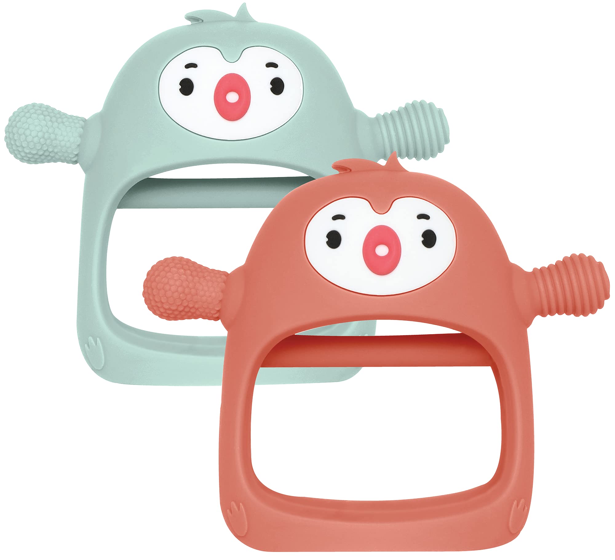 Smooch Penguin Mitten Teething Toys for Babies 0-6 Months, 12, 18 - Penguin Teethers for Babies are Easy to Hold, Silicone Baby Teether Toys - Provides Teething Pain Relief (Mint & Coral)