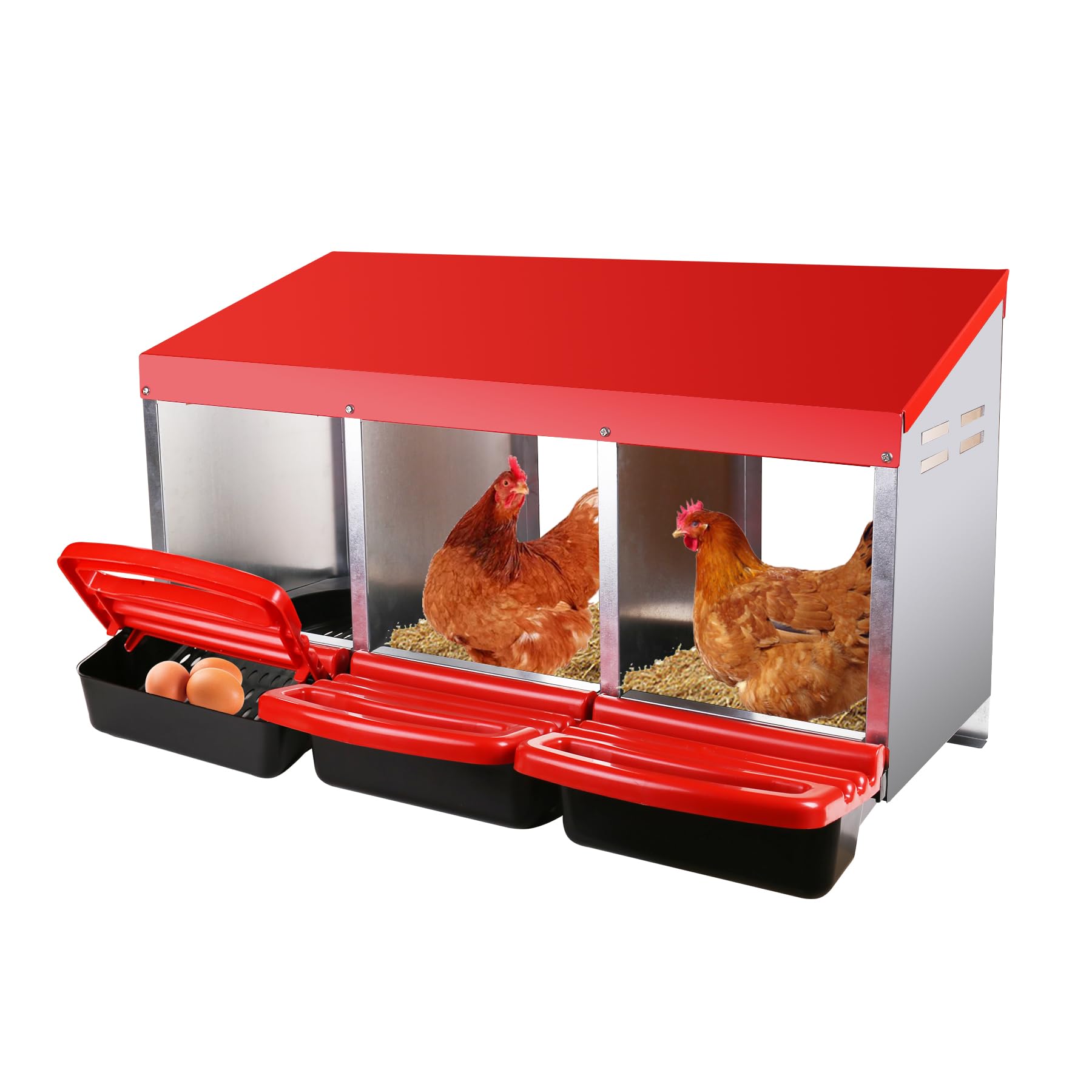 Vehipa Chicken Nesting Boxes, 3 Hole Metal and Plastic Chicken Laying Boxes with Roof, Rollout Egg Collector for Chicken Coop and Farm - Collect Eggs Easily