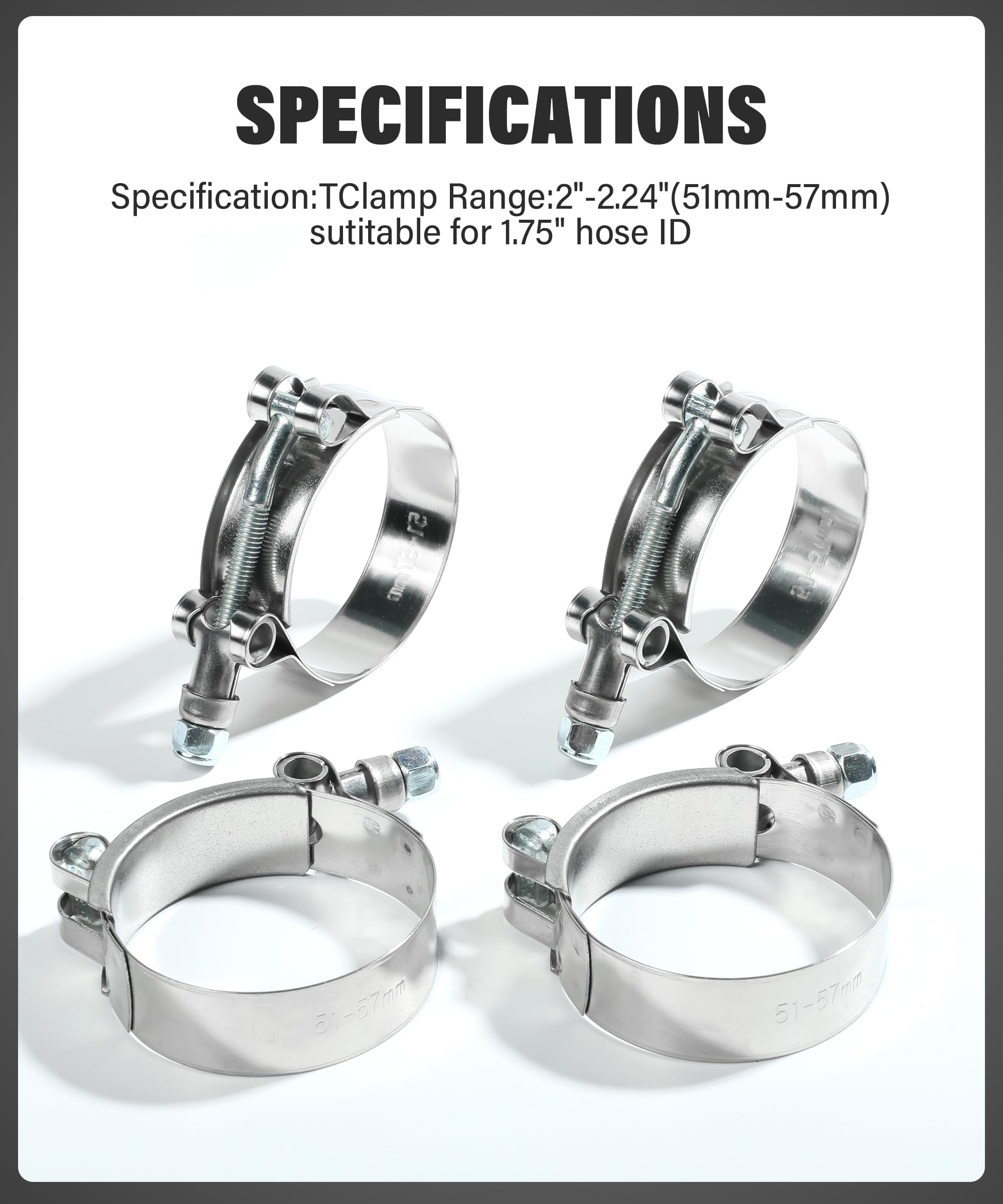 ESEWALAS 4PCS 1.5" T-Bolt Hose Clamp,304 Stainless Intercooler Pipe Tube Clamps,Stainless Steel Turbo Intake Intercooler Hose Clamp,Adjustable Radiator Hose Clamps (4PCS, 1.75")