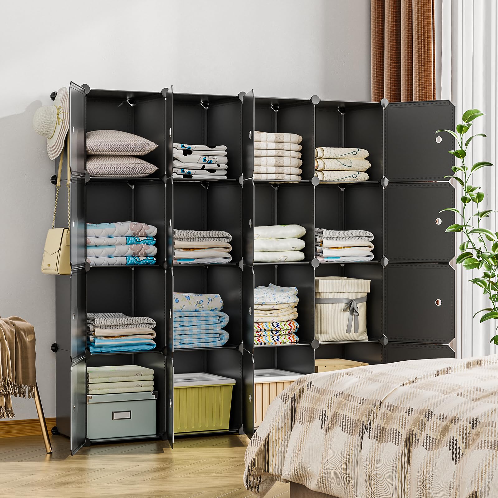 Closet Organizer, 12-Cube Storage with Doors, Closet Organizers and Storage Shelves, Portable Closet Storage System, Clothes Organizer Storage Shelf for Bedroom, Wardrobe, Black (SLZWJDM-12-B)