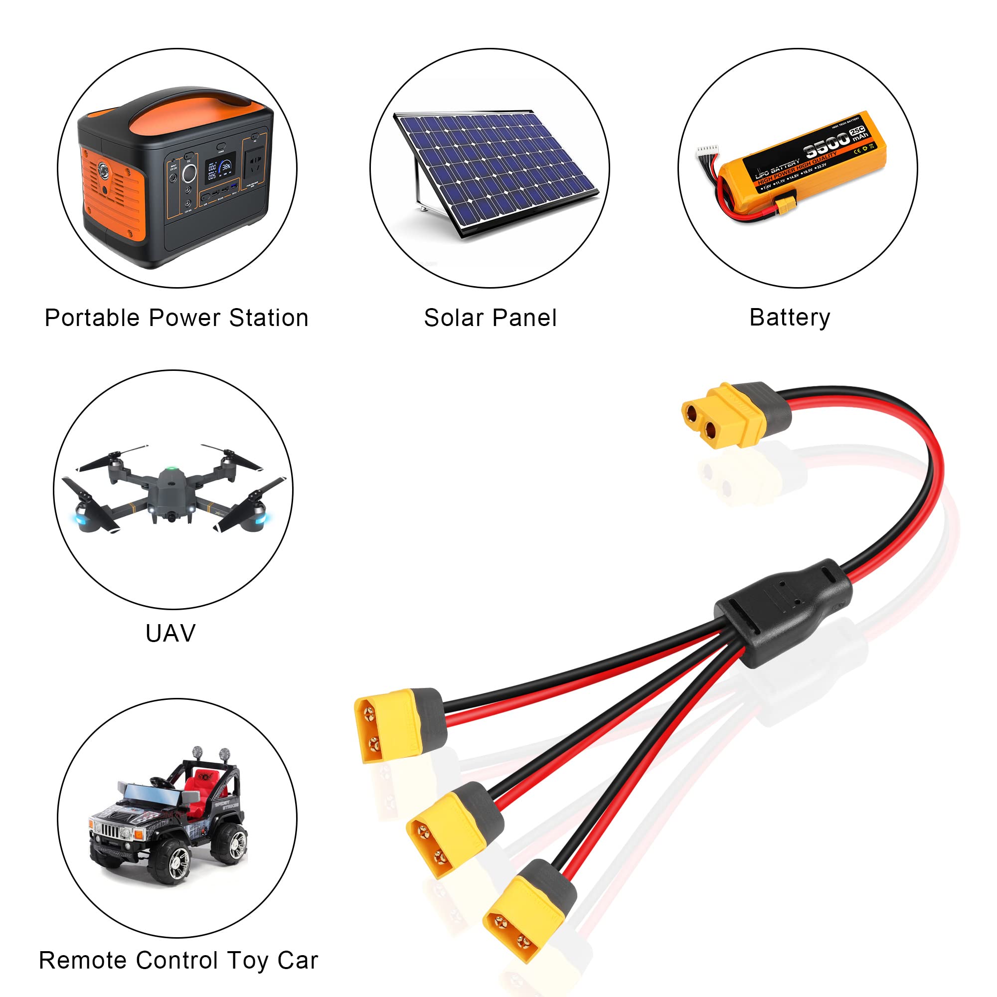 GINTOOYUN XT60 Splitter Extension Cable 1 Female to 3 Male Connector Adapter,12AWG XT60 Power Extension Cable for Solar Panel,Solar Generator,Portable Power Station, Drone,RV,Ship etc(0.3M)