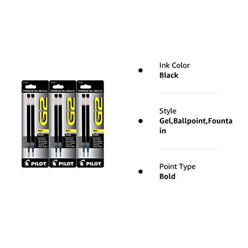 Pilot G2 Gel Ink Pen Refills, Bold Point, 1.0mm, Black Ink, 6 Refills