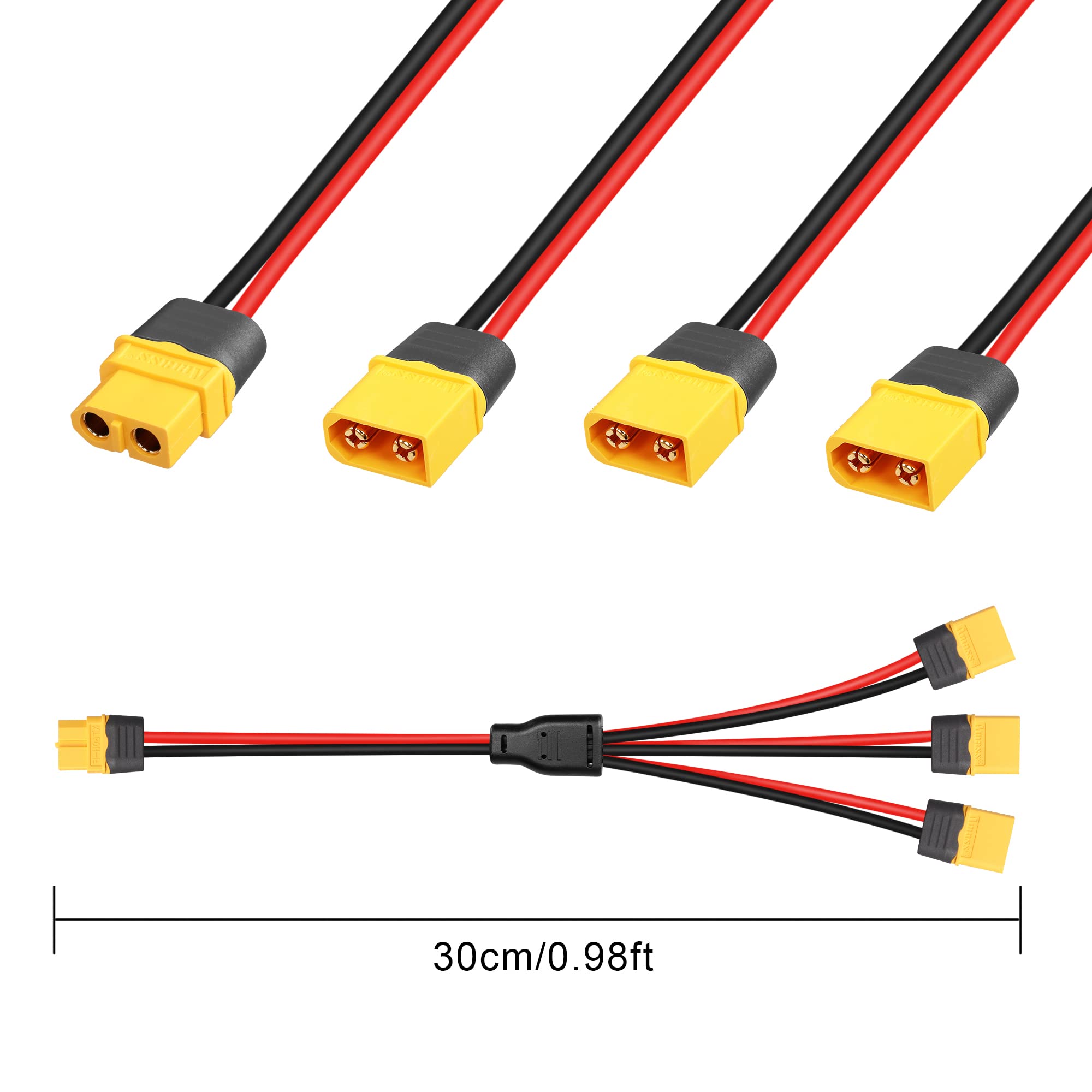 GINTOOYUN XT60 Splitter Extension Cable 1 Female to 3 Male Connector Adapter,12AWG XT60 Power Extension Cable for Solar Panel,Solar Generator,Portable Power Station, Drone,RV,Ship etc(0.3M)