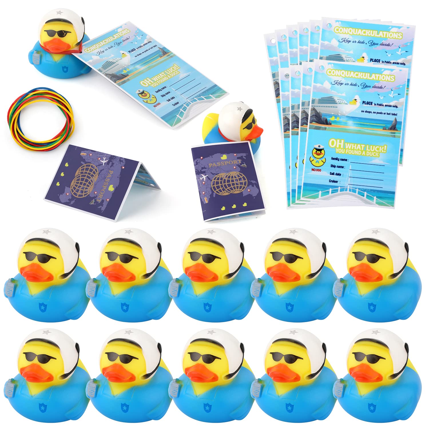 LUTER 12 Sets Duck Tag Cruise Kits, 12pcs Rubber Cruise Ducks (Aviator Style) and 12pcs Tags with Elastic Rubber Bands, Funny Rubber Ducks for Cruise Ships for Kids Party Ducking Games