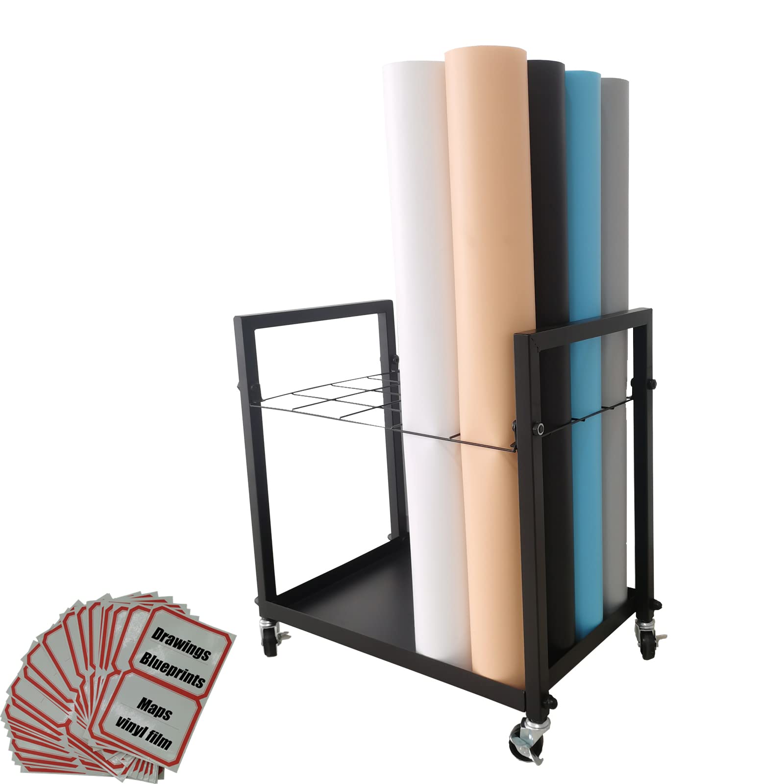 Blueprint Holder with Wheels,Metal Blueprint Storage(18.9 x18.9X 11.8 inches),20 Slots Vinyl Roll Holder with 20 Large Labels