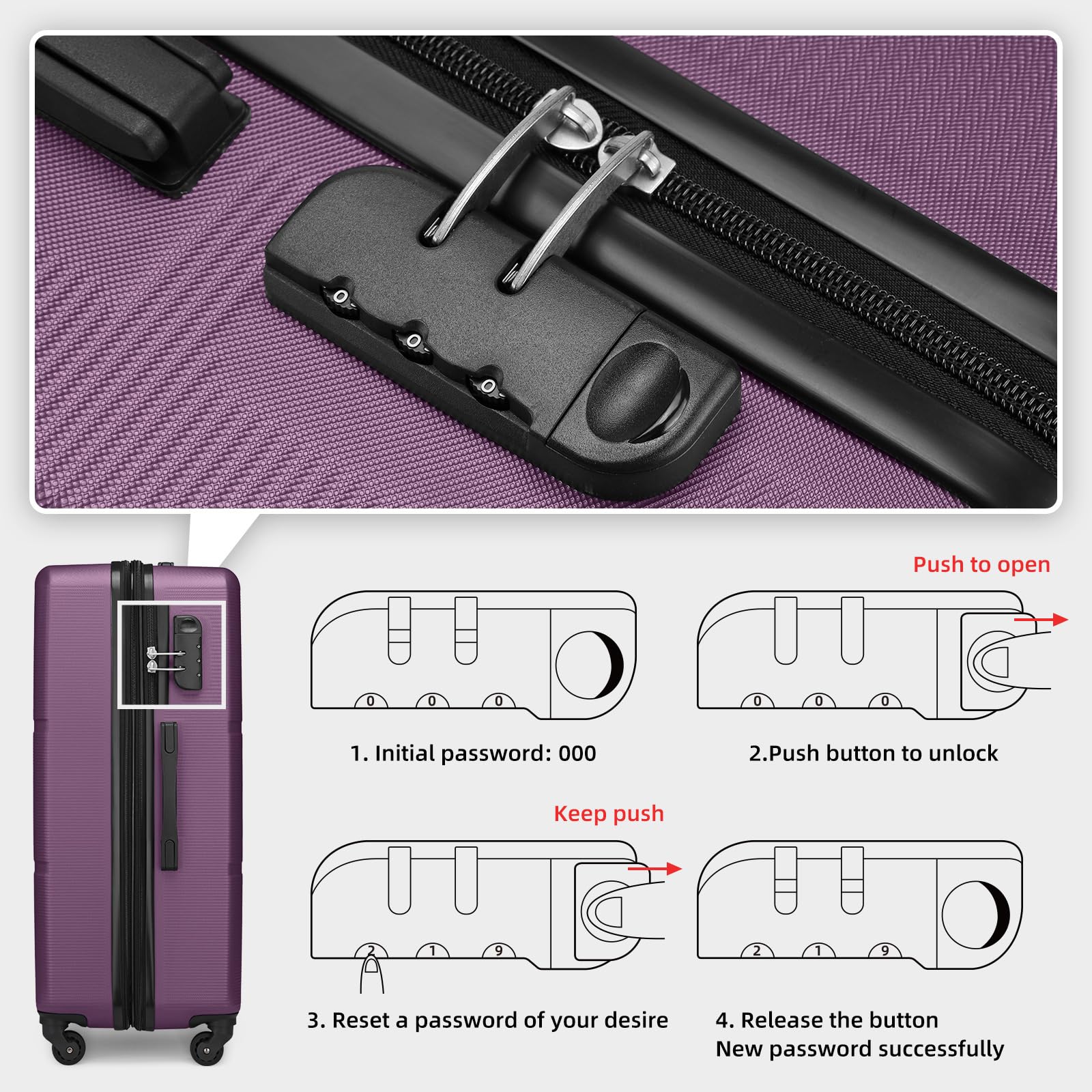 Lulusail LARVENDER Luggage Sets 3 Piece, Expandable(Only 28inch) ABS Durable Suitcase with Travel Bag, Clearance Carry On Luggage Suitcase Set with 360° Spinner Wheels for Women Men, Purple