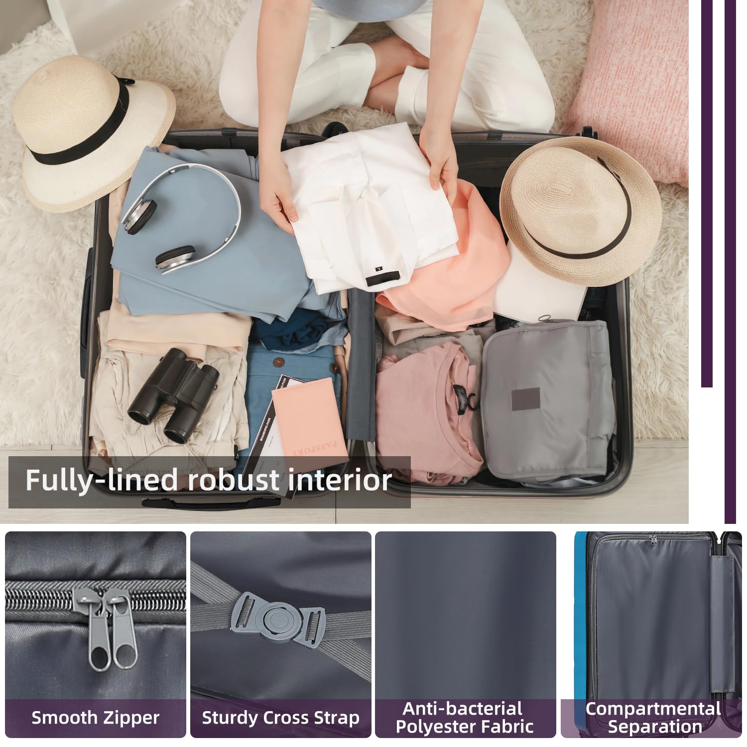 Lulusail LARVENDER Luggage Sets 3 Piece, Expandable(Only 28inch) ABS Durable Suitcase with Travel Bag, Clearance Carry On Luggage Suitcase Set with 360° Spinner Wheels for Women Men, Purple