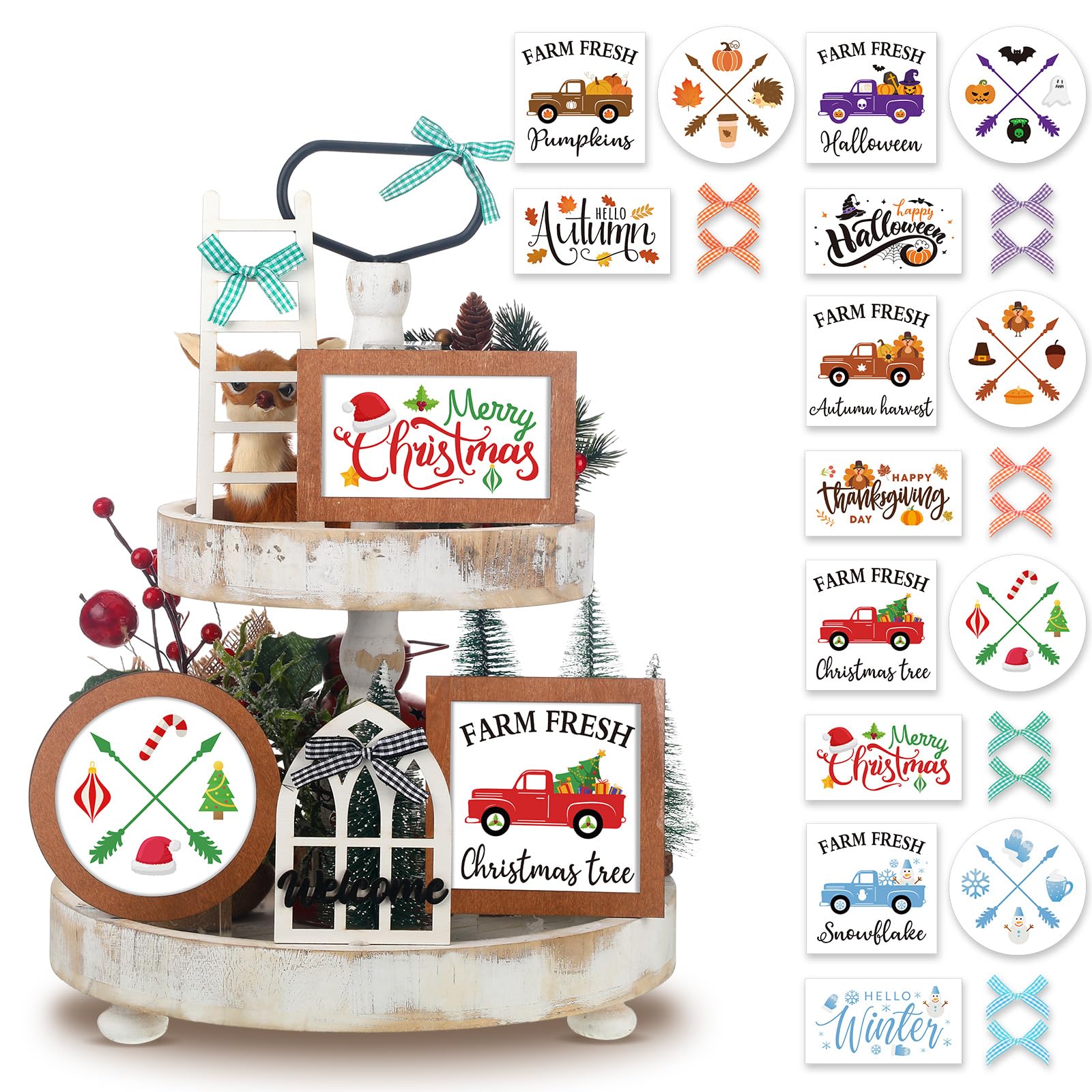 Bokon 30 Pcs Tiered Tray Decor Set for Christmas Winter Interchangeable Farmhouse Tiered Tray Decorations with Wood Frames Thanksgiving Halloween Fall Seasonal Wooden Sign for Holiday Table Home Decor