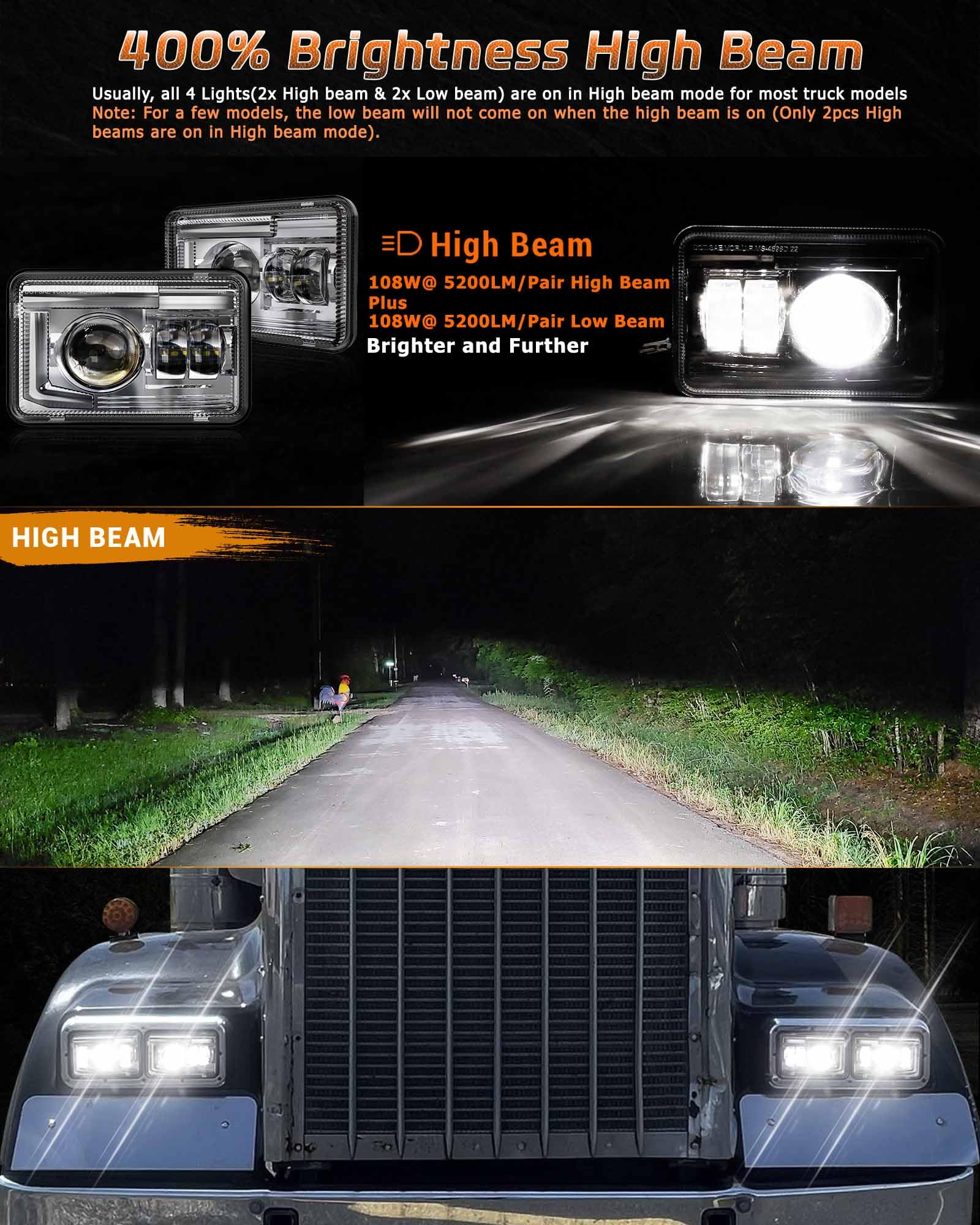 Z-OFFROAD DOT Approved 4x6 LED Headlights Assembly Hi/Lo Sealed Beam Compatible with KW T800 T600 Peterbilt 379 Freightliner Chevy Oldsmobile Cutlass H4651 H4652 H4656 H6545 H4666, 4PCS-Chrome