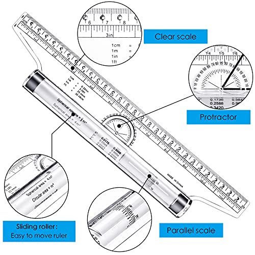 2 Pieces Plastic Measuring Rolling Ruler, Drawing Roller Ruler, Parallel Ruler, Multifunctional Drawing Design Ruler for Measuring, Drafting, Student, School and Office (6 Inch, 12 Inch)