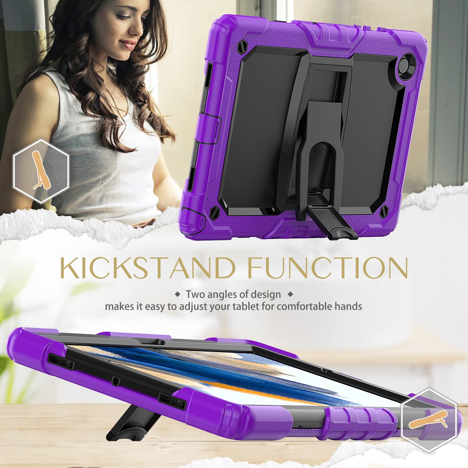 Case for Samsung Galaxy Tab A8 10.5-Inch 2022 (SM-X200/X205/X207), Military Grade Shockproof Rugged Silicone Protective Case with Kickstand, Shoulder Strap,Purple