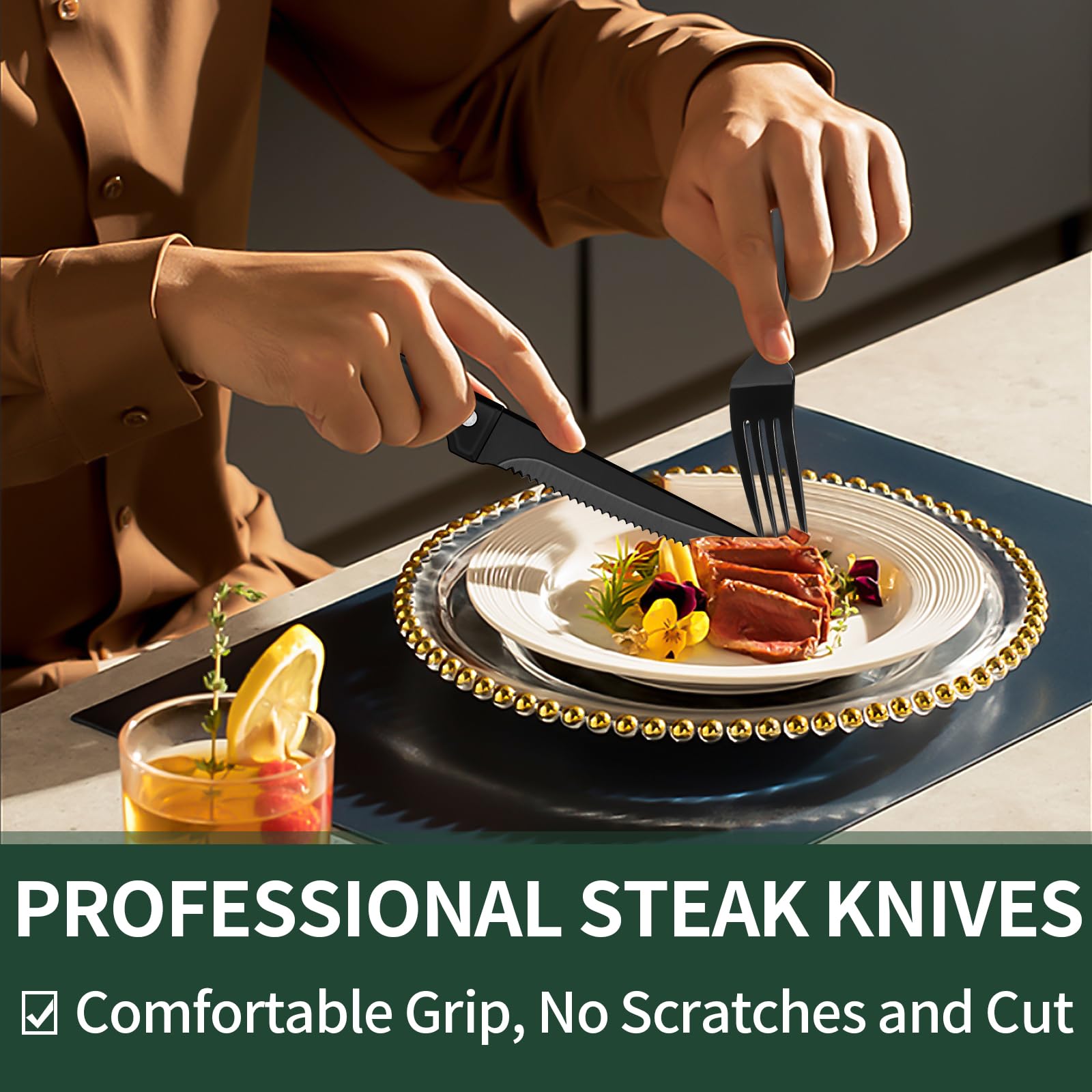 Black Hammered Silverware Set, 24-Piece Stainless Steel Square Flatware Set with Steak Knives for 4, Food-Grade Tableware Cutlery/Utensil Sets for Home Restaurant, Mirror Finish, Dishwasher Safe