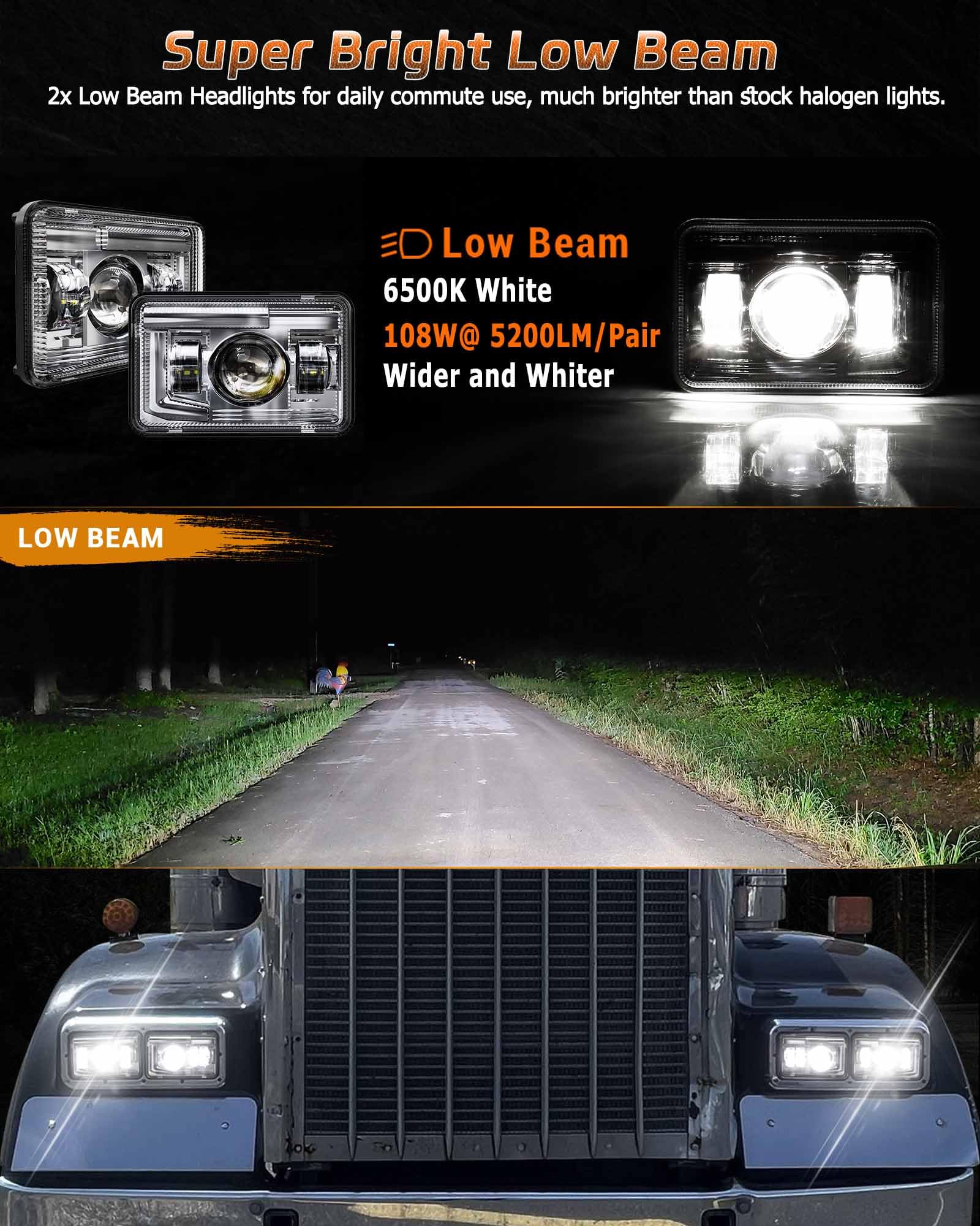 Z-OFFROAD DOT Approved 4x6 LED Headlights Assembly Hi/Lo Sealed Beam Compatible with KW T800 T600 Peterbilt 379 Freightliner Chevy Oldsmobile Cutlass H4651 H4652 H4656 H6545 H4666, 4PCS-Chrome