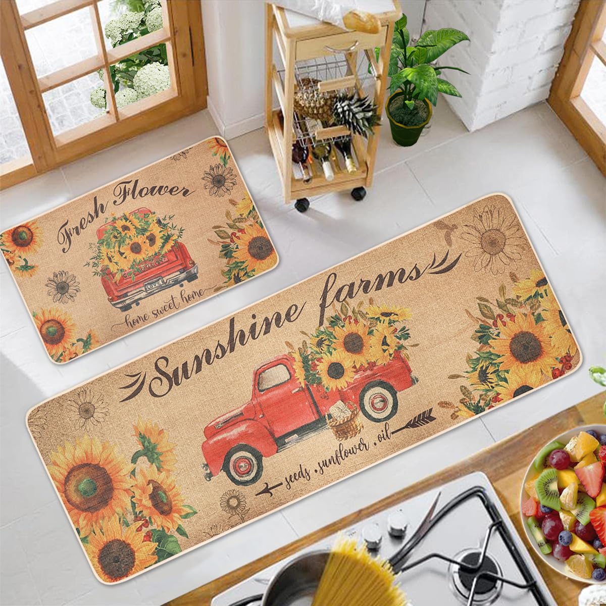 INFISIBLE Sunflower Kitchen Rugs Farmhouse Style Sets of 2 Yellow Sunflower Red Truck Kitchen Farmhouse Decor Summer Kitchen Floor Linen Rugs and Mats Non Slip Washable, 17x29 and 17x47 Inch