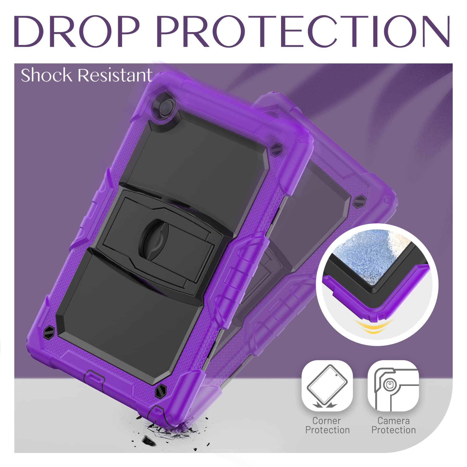 Case for Samsung Galaxy Tab A8 10.5-Inch 2022 (SM-X200/X205/X207), Military Grade Shockproof Rugged Silicone Protective Case with Kickstand, Shoulder Strap,Purple