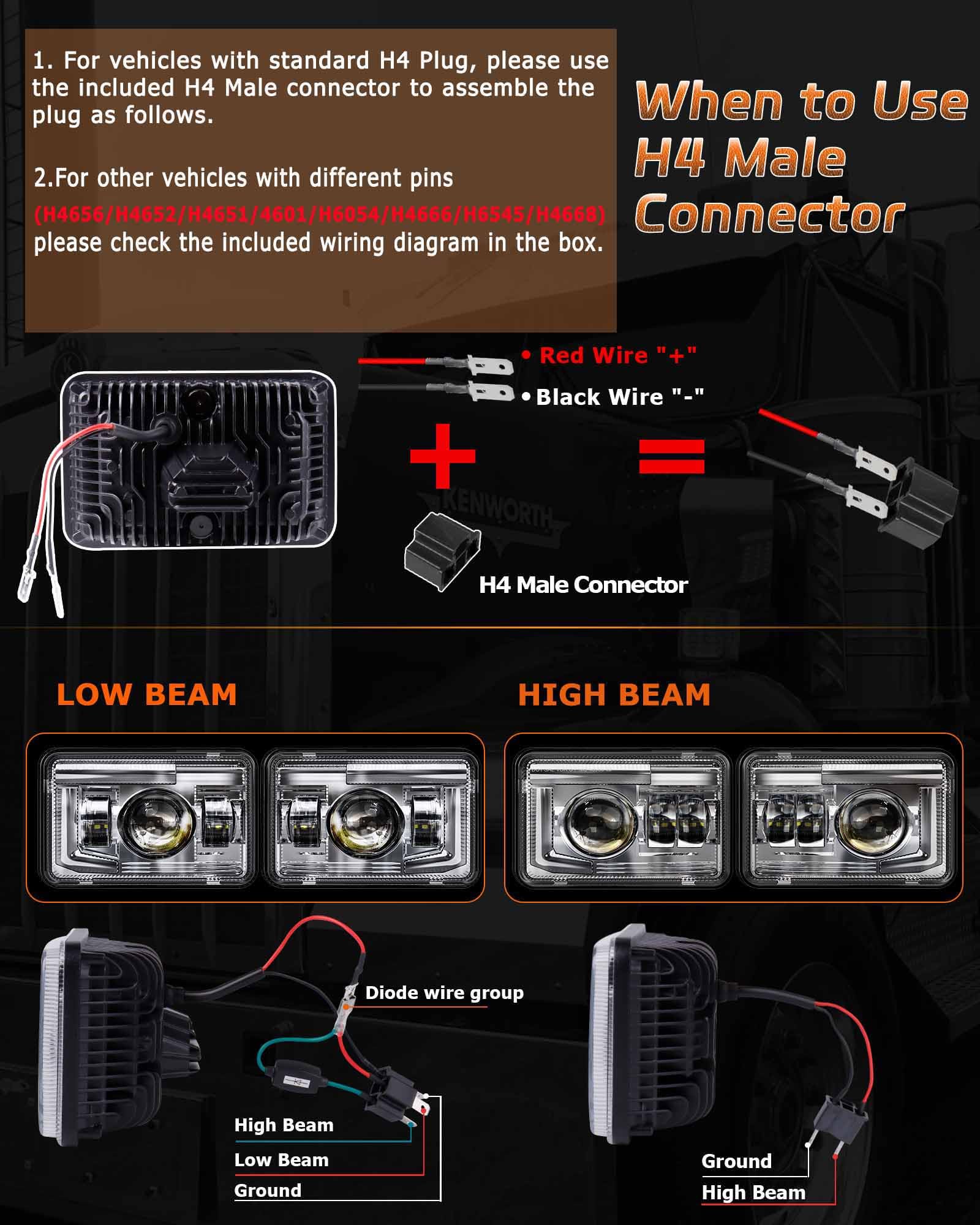 Z-OFFROAD DOT Approved 4x6 LED Headlights Assembly Hi/Lo Sealed Beam Compatible with KW T800 T600 Peterbilt 379 Freightliner Chevy Oldsmobile Cutlass H4651 H4652 H4656 H6545 H4666, 4PCS-Chrome