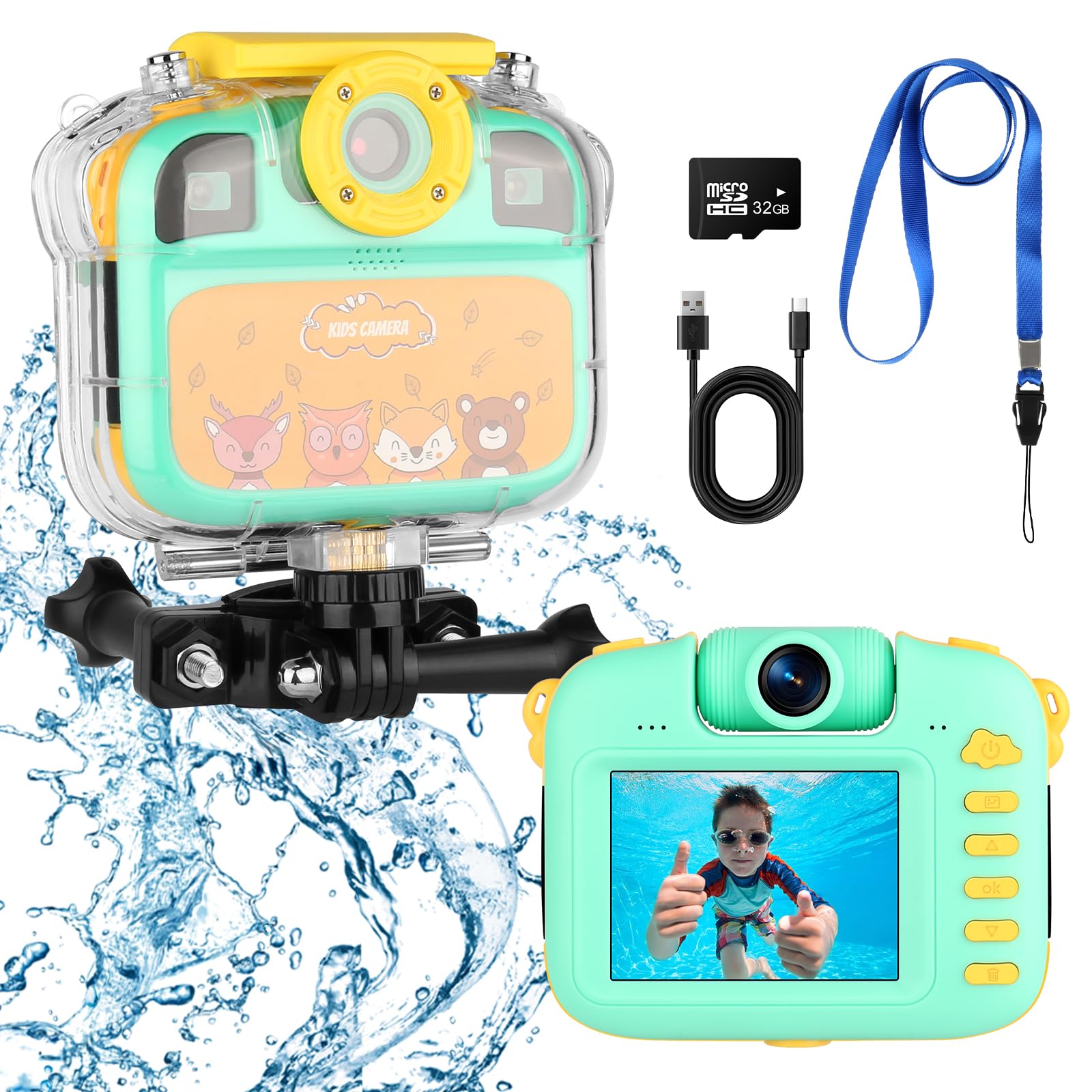 1080P Kids Camera, Underwater kids Waterproof Camera Kids Digital Camera Gifts for Boys Girls Age 3-13 HD Mini Children Camcorder 2.4 Inch IPS Screen with 32GB Card and Soft Silicone Case