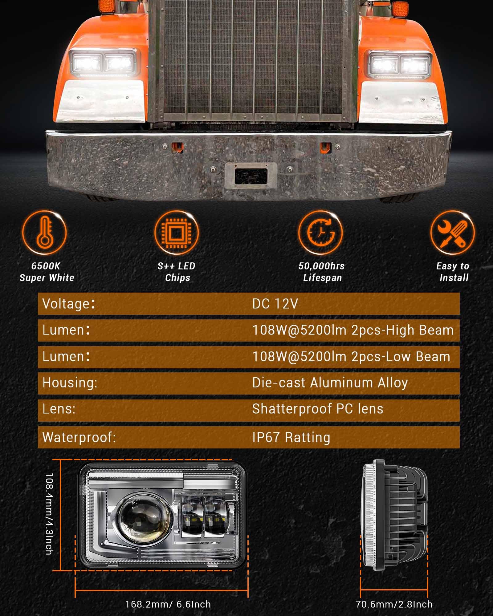 Z-OFFROAD DOT Approved 4x6 LED Headlights Assembly Hi/Lo Sealed Beam Compatible with KW T800 T600 Peterbilt 379 Freightliner Chevy Oldsmobile Cutlass H4651 H4652 H4656 H6545 H4666, 4PCS-Chrome