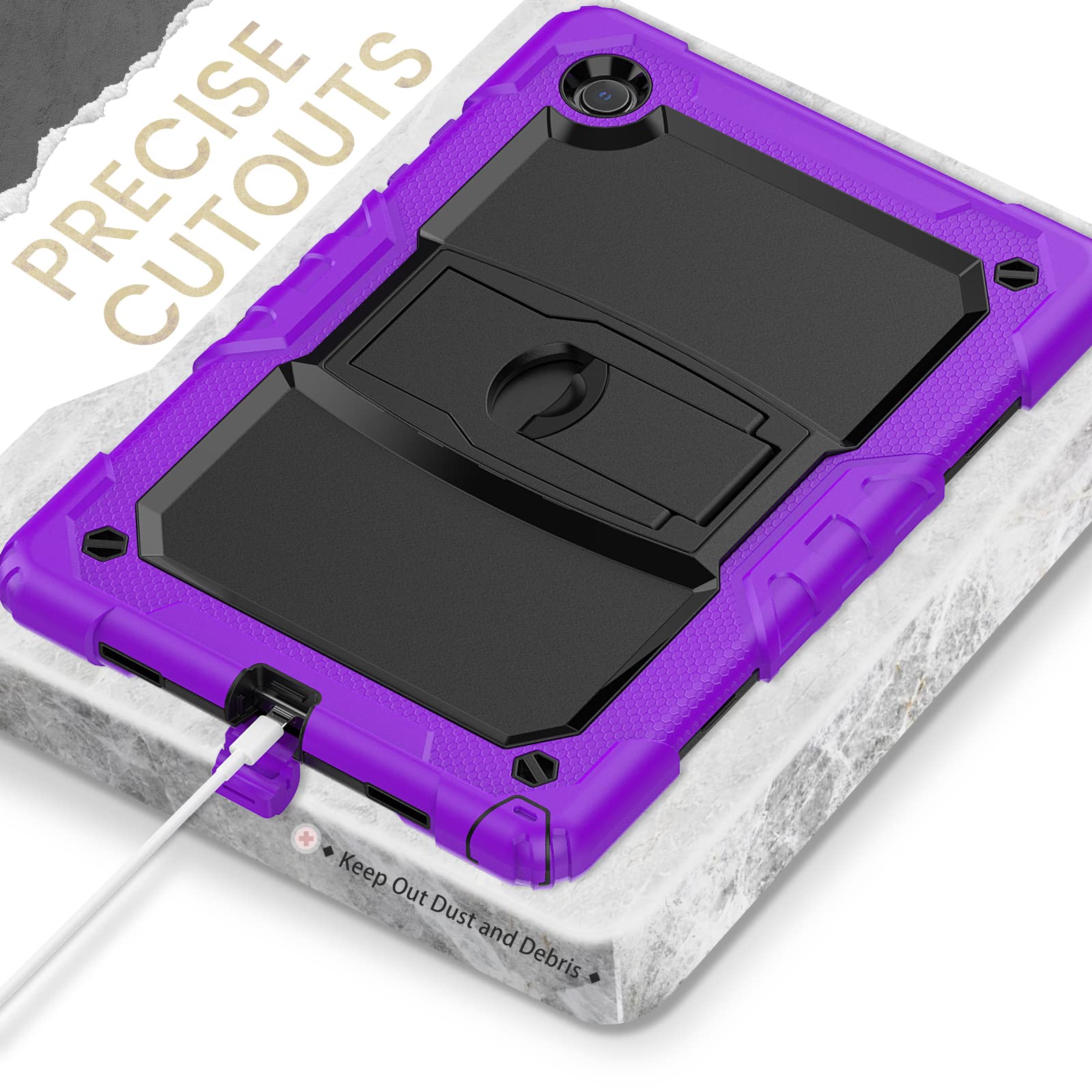 Case for Samsung Galaxy Tab A8 10.5-Inch 2022 (SM-X200/X205/X207), Military Grade Shockproof Rugged Silicone Protective Case with Kickstand, Shoulder Strap,Purple