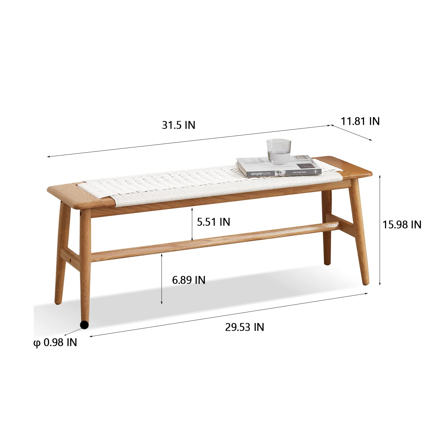 Grewood Wood Dining Bench,100% Natural Solid Oak with Rattan Design, Rounded Edge, Bench for Entryway Hall, Dining Room,Bedroom, Living Room (Off-White, 31.49 inch)