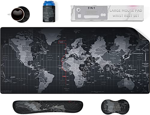 PULAIXIN 5 in 1 Keyboard Mouse Pad Set, Mouse Pad Wrist Support, Extended Gaming Mouse Pad + Keyboard Wrist Rest Support, (34.5×15.7 in) Large Ergonomic Mousepad Desk Mat Combo -Black World Map