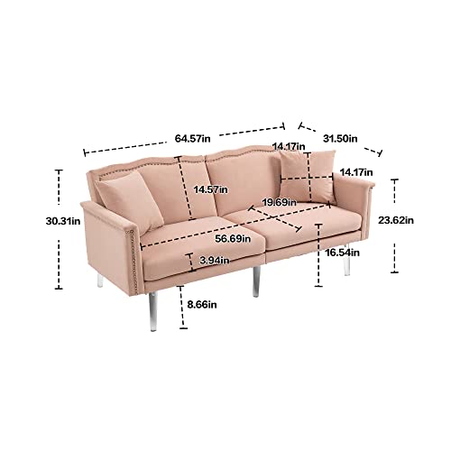 FULife 65" Mid Century Modern Velvet Upholstered Futon Sofa Split Back Loveseat Convertible Sleeper Couch Bed Daybed,Folding Recliner with Armrest&2 Pillows for Living Room/Compact Space, Pink