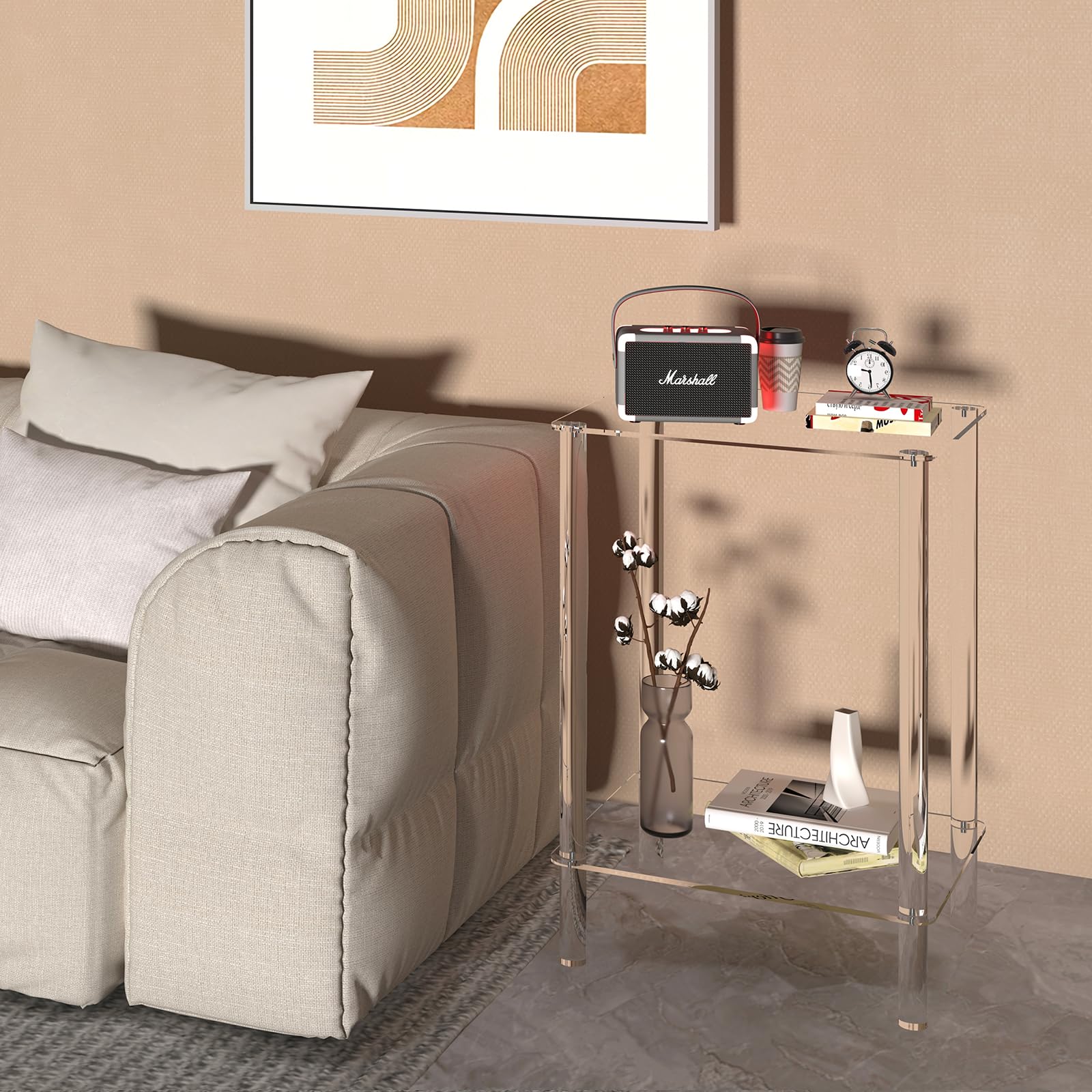KMANDLU 2Pack Premium Clear Acrylic Side Table Set - 2-Tier End Table, Nightstand, Coffee Table - Ideal for Small Spaces - Modern Acrylic Furniture