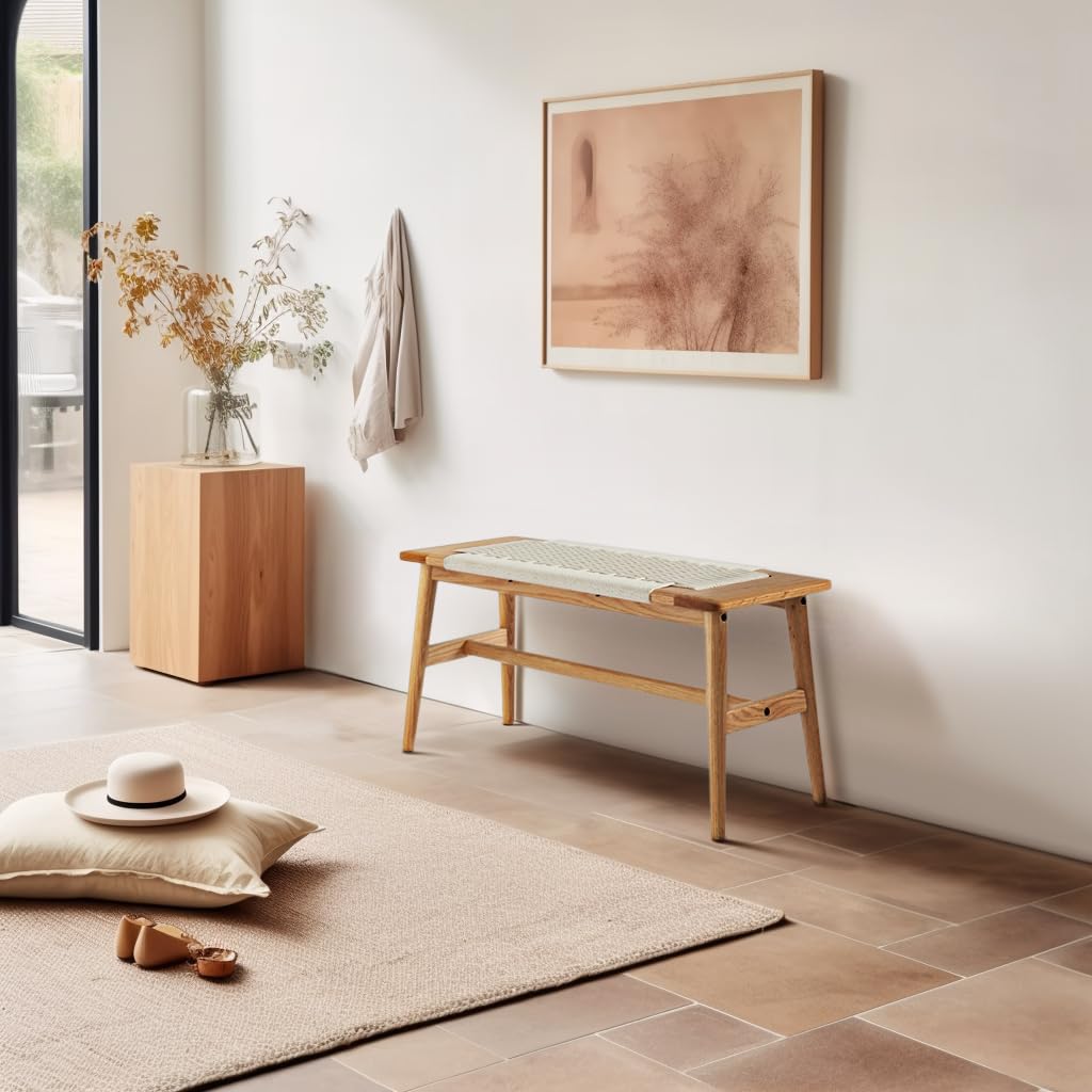 Grewood Wood Dining Bench,100% Natural Solid Oak with Rattan Design, Rounded Edge, Bench for Entryway Hall, Dining Room,Bedroom, Living Room (Off-White, 31.49 inch)
