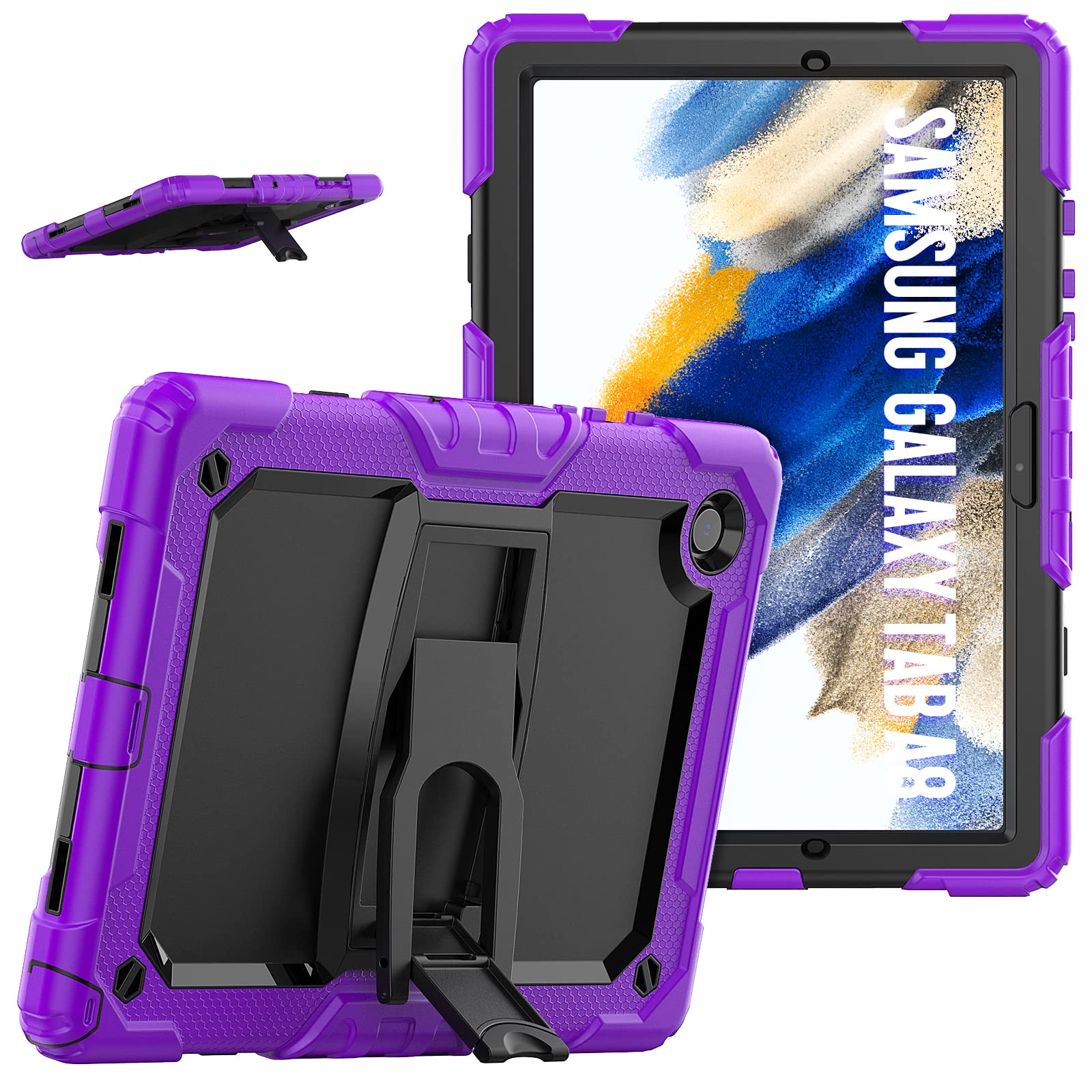 Case for Samsung Galaxy Tab A8 10.5-Inch 2022 (SM-X200/X205/X207), Military Grade Shockproof Rugged Silicone Protective Case with Kickstand, Shoulder Strap,Purple
