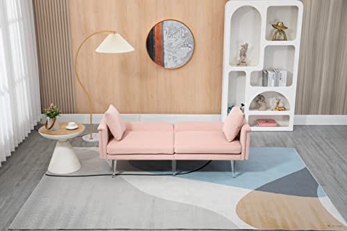 FULife 65" Mid Century Modern Velvet Upholstered Futon Sofa Split Back Loveseat Convertible Sleeper Couch Bed Daybed,Folding Recliner with Armrest&2 Pillows for Living Room/Compact Space, Pink