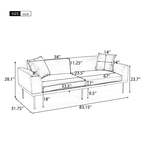 Polibi Modern Velvet Sofa with Metal Legs and 2 Pillows, Upholstered Sofa Couch for Living Room, Bedroom, Up to 3 Person Capacity, Mustard