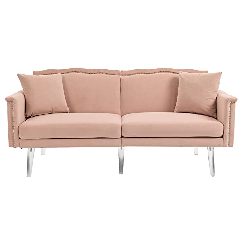 FULife 65" Mid Century Modern Velvet Upholstered Futon Sofa Split Back Loveseat Convertible Sleeper Couch Bed Daybed,Folding Recliner with Armrest&2 Pillows for Living Room/Compact Space, Pink
