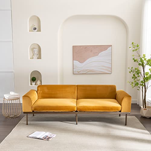 Polibi Modern Velvet Sofa with Metal Legs and 2 Pillows, Upholstered Sofa Couch for Living Room, Bedroom, Up to 3 Person Capacity, Mustard