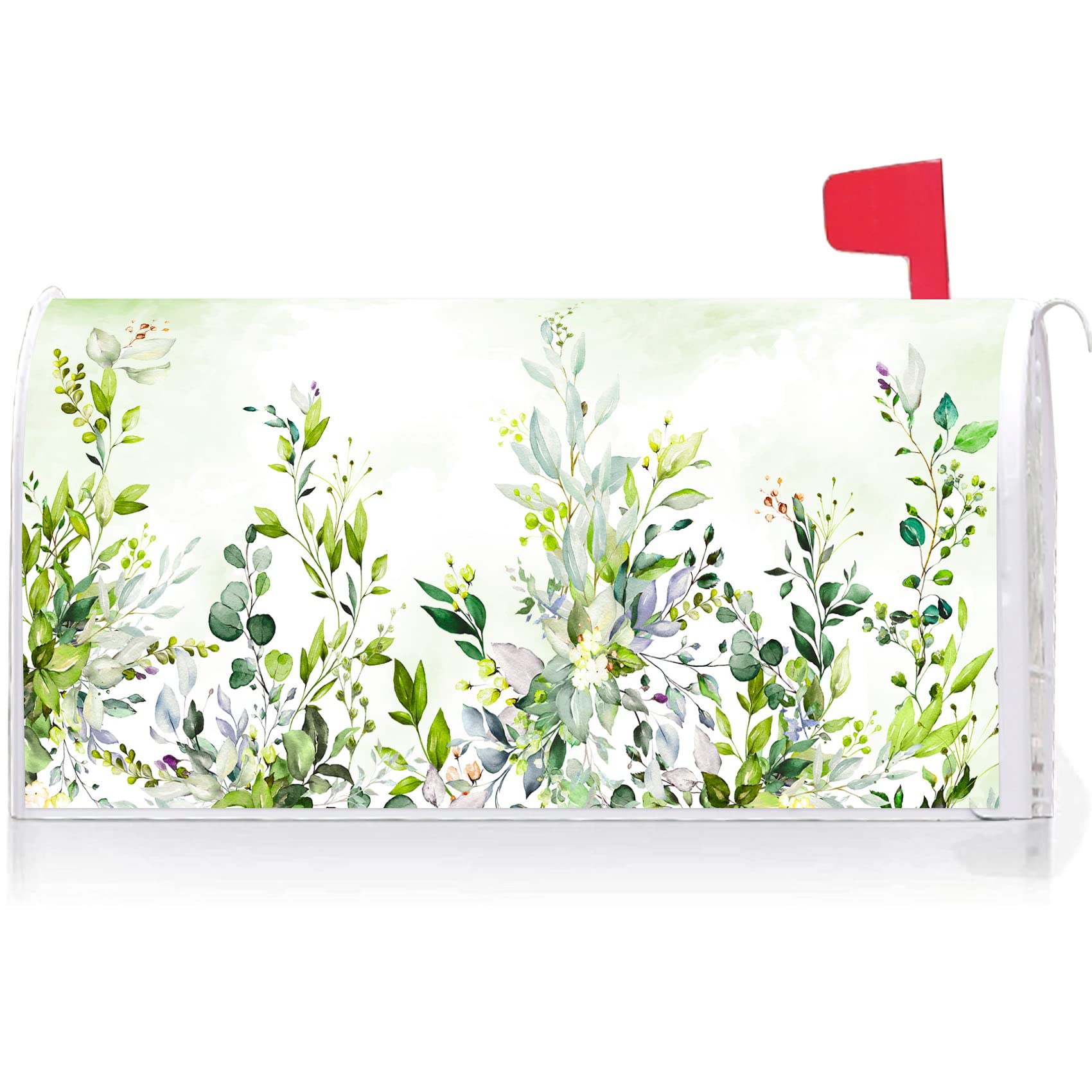 Texupday Watercolor Green Eucalyptus Leaves Decoration Mailbox Cover With Magnetic Strip Spring Summer Daily Mailbox Wraps Post Letter Box Cover Standard Size 21" X 18" for Garden Outdoor Yard Decor