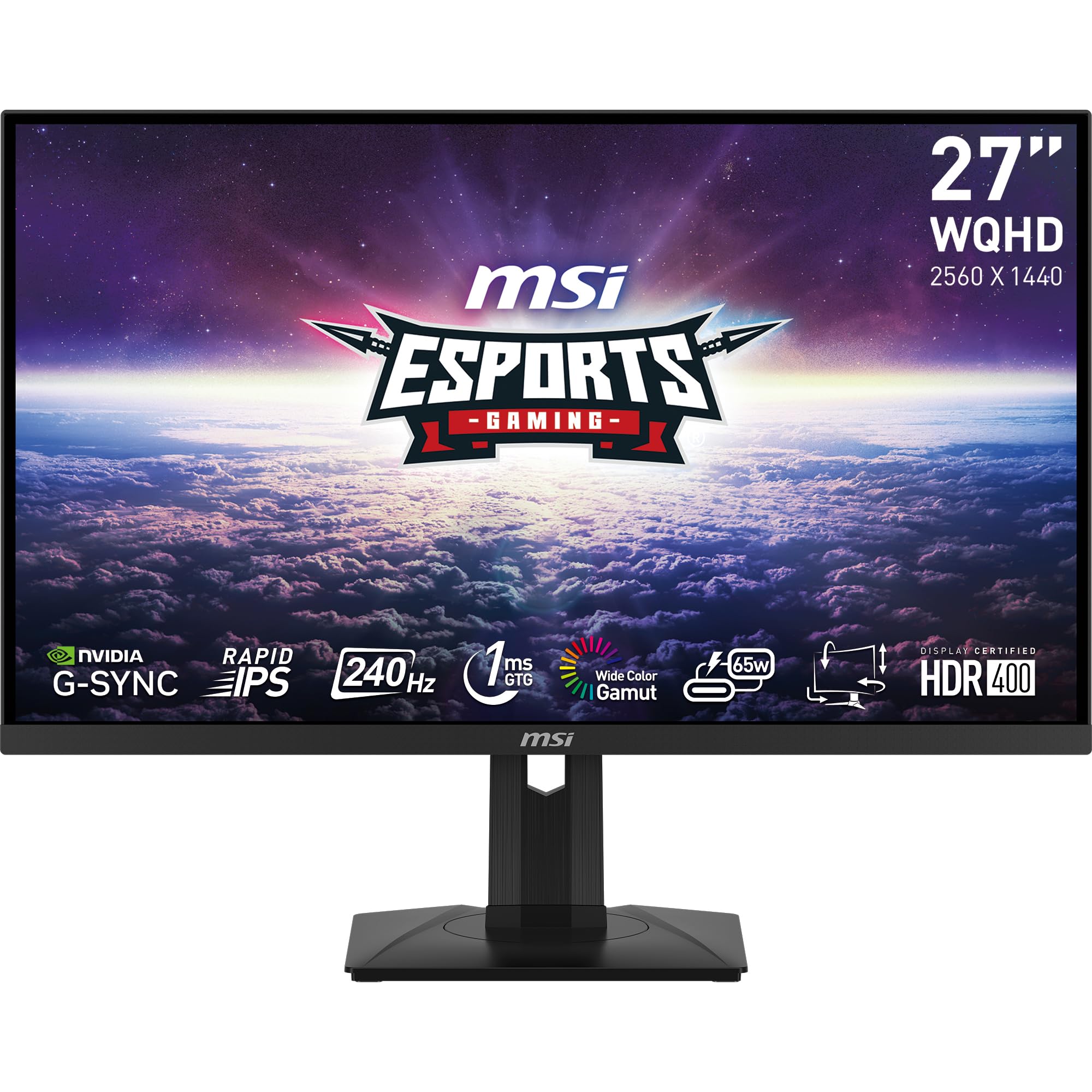 MSI G274QPX, 27" Gaming Monitor, 2560 x 1440 (QHD), Rapid IPS, 1ms, 240Hz, G-Sync Compatible, HDR 400, HDMI, Displayport, Tilt, Swivel, Height Adjustable, Pivot,Black