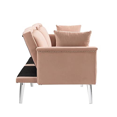 FULife 65" Mid Century Modern Velvet Upholstered Futon Sofa Split Back Loveseat Convertible Sleeper Couch Bed Daybed,Folding Recliner with Armrest&2 Pillows for Living Room/Compact Space, Pink