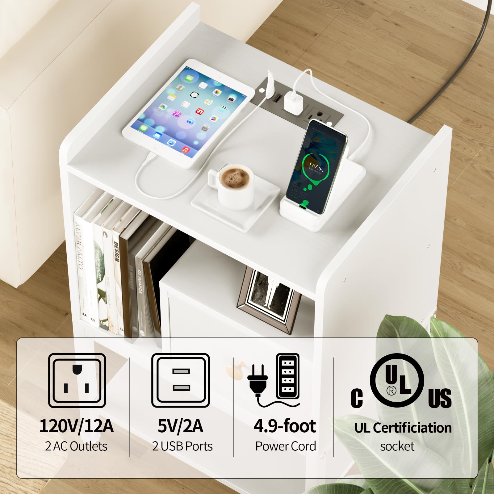 Gannyfer Nightstand with Charging Station,Night Stand with USB Ports and Storage Drawer,Modern 3-Tier End Side Table,Small Wood Bedside Table for Bedroom,Living Room,White