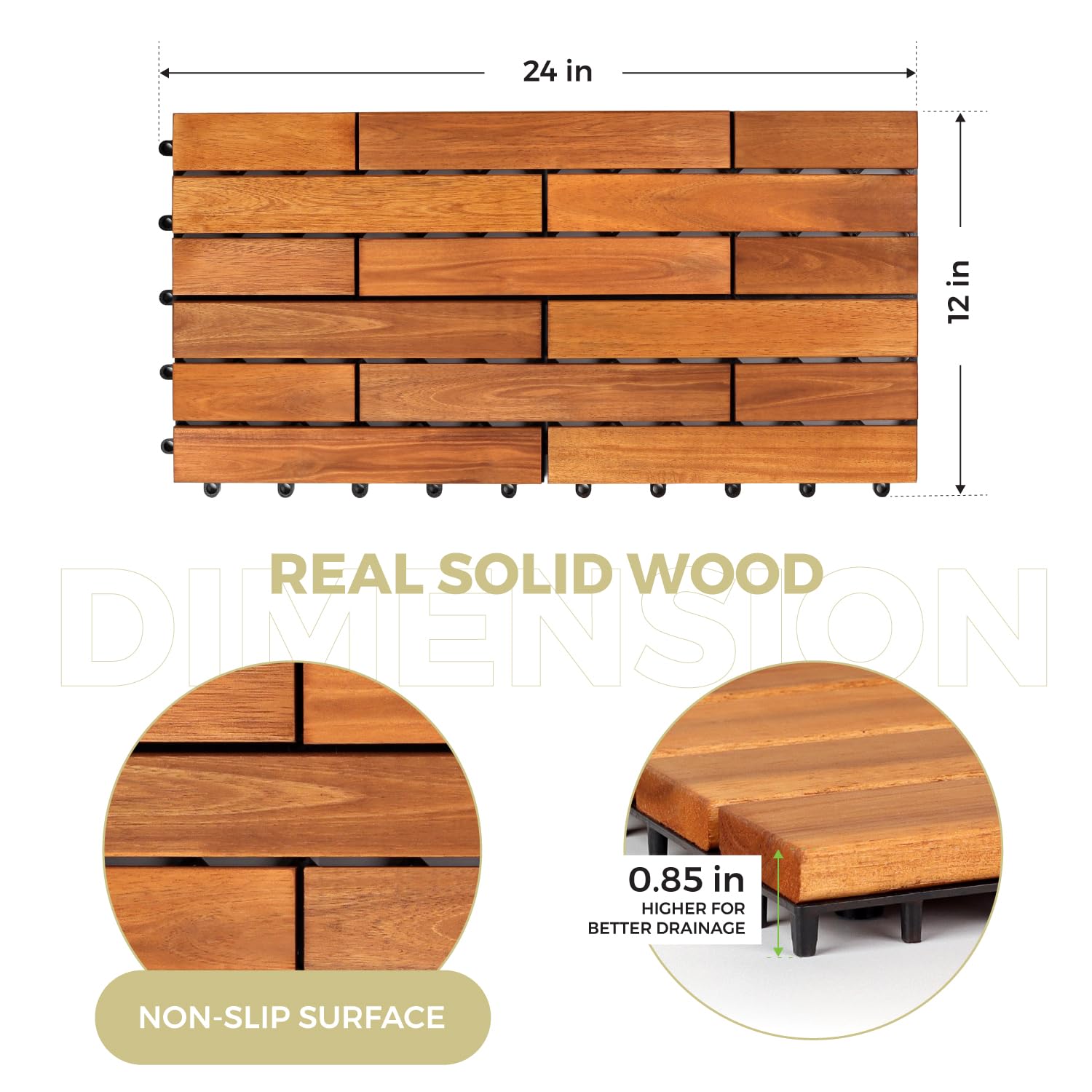HOUSE84VN Solid Acacia Wood Interlocking Deck Tiles (Pack of 6, 24" x 12"), Indoor/Outdoor Deck Flooring, Waterproof All Weather (24X12, Natural Color)