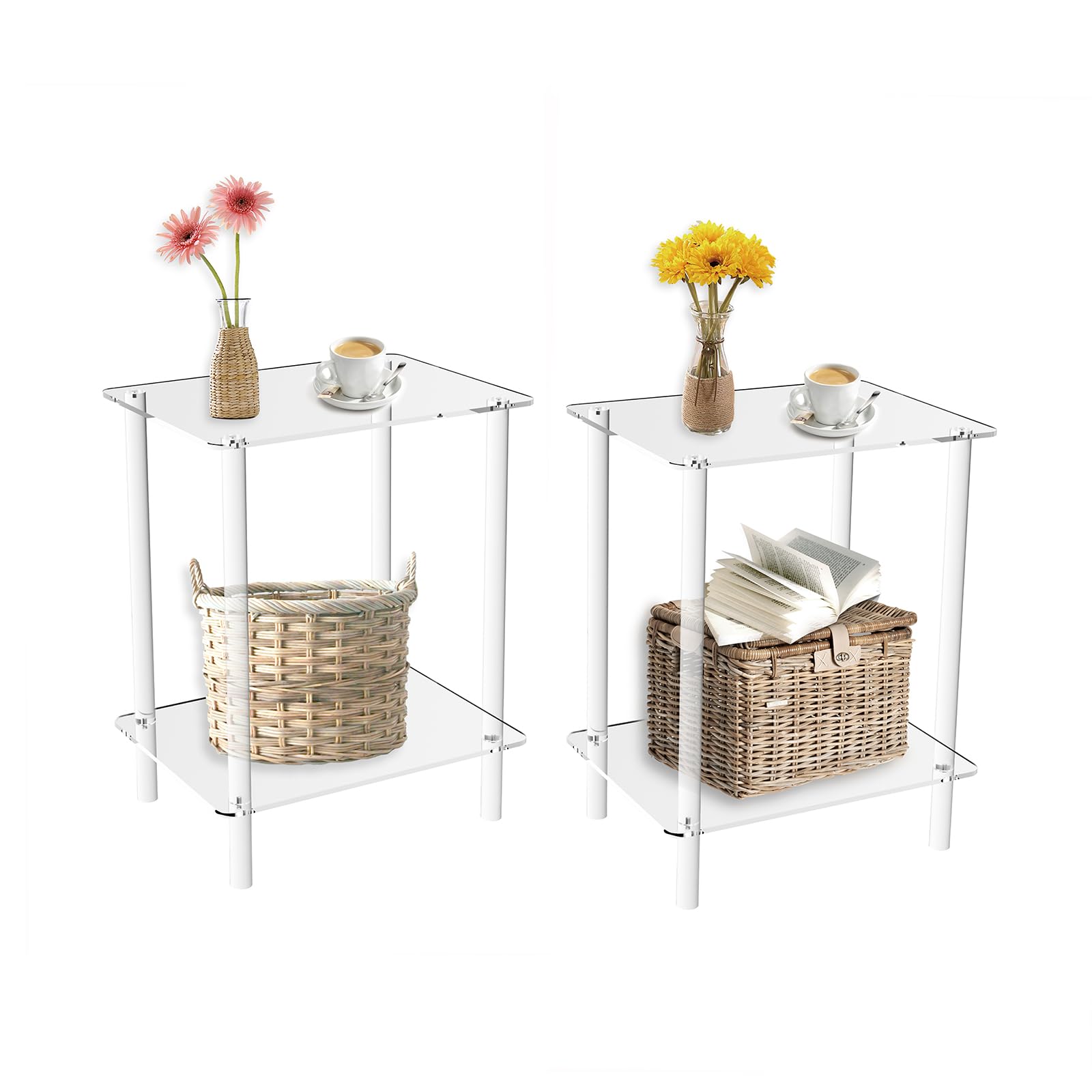 KMANDLU 2Pack Premium Clear Acrylic Side Table Set - 2-Tier End Table, Nightstand, Coffee Table - Ideal for Small Spaces - Modern Acrylic Furniture
