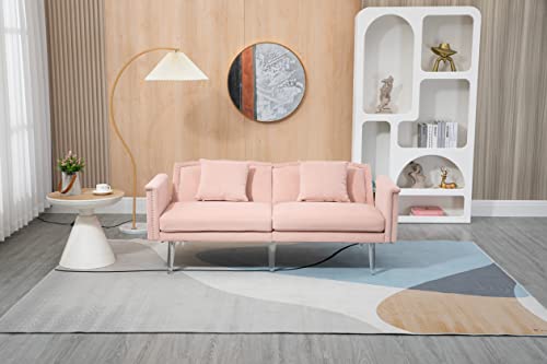 FULife 65" Mid Century Modern Velvet Upholstered Futon Sofa Split Back Loveseat Convertible Sleeper Couch Bed Daybed,Folding Recliner with Armrest&2 Pillows for Living Room/Compact Space, Pink