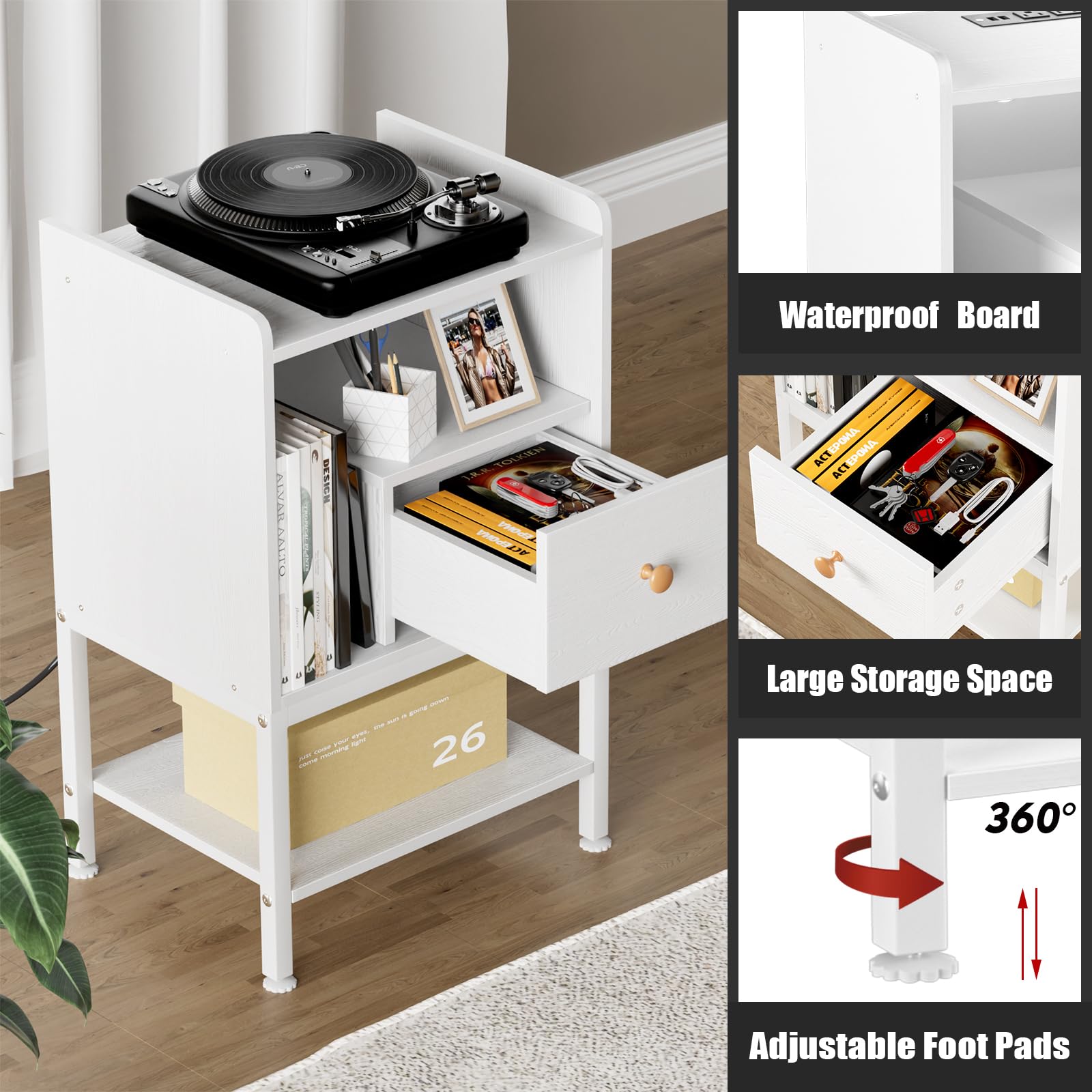 Gannyfer Nightstand with Charging Station,Night Stand with USB Ports and Storage Drawer,Modern 3-Tier End Side Table,Small Wood Bedside Table for Bedroom,Living Room,White