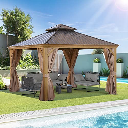Bellemave 12'x12' Hardtop Gazebo with Galvanized Steel Double Roof, Aluminum Wood Grain Patio Canopy with Netting and Curtains, Heavy-Duty Outdoor Permanent Pavilion Garden, Patios, Lawns, Deck