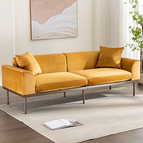 Polibi Modern Velvet Sofa with Metal Legs and 2 Pillows, Upholstered Sofa Couch for Living Room, Bedroom, Up to 3 Person Capacity, Mustard