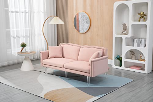 FULife 65" Mid Century Modern Velvet Upholstered Futon Sofa Split Back Loveseat Convertible Sleeper Couch Bed Daybed,Folding Recliner with Armrest&2 Pillows for Living Room/Compact Space, Pink