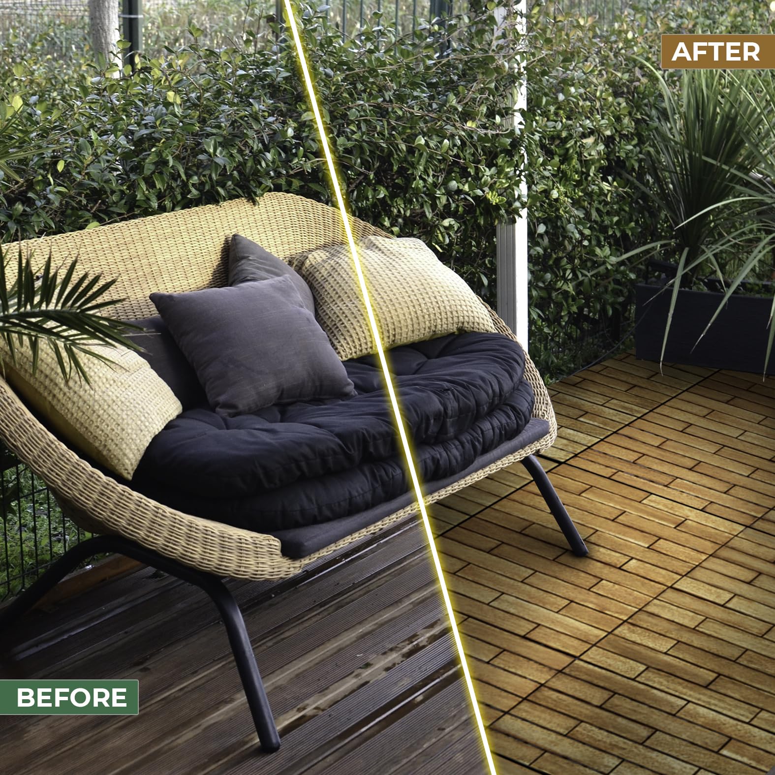 HOUSE84VN Solid Acacia Wood Interlocking Deck Tiles (Pack of 6, 24" x 12"), Indoor/Outdoor Deck Flooring, Waterproof All Weather (24X12, Natural Color)