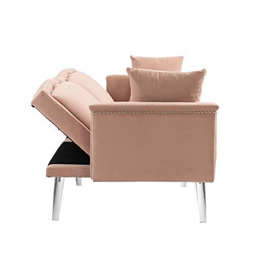 FULife 65" Mid Century Modern Velvet Upholstered Futon Sofa Split Back Loveseat Convertible Sleeper Couch Bed Daybed,Folding Recliner with Armrest&2 Pillows for Living Room/Compact Space, Pink