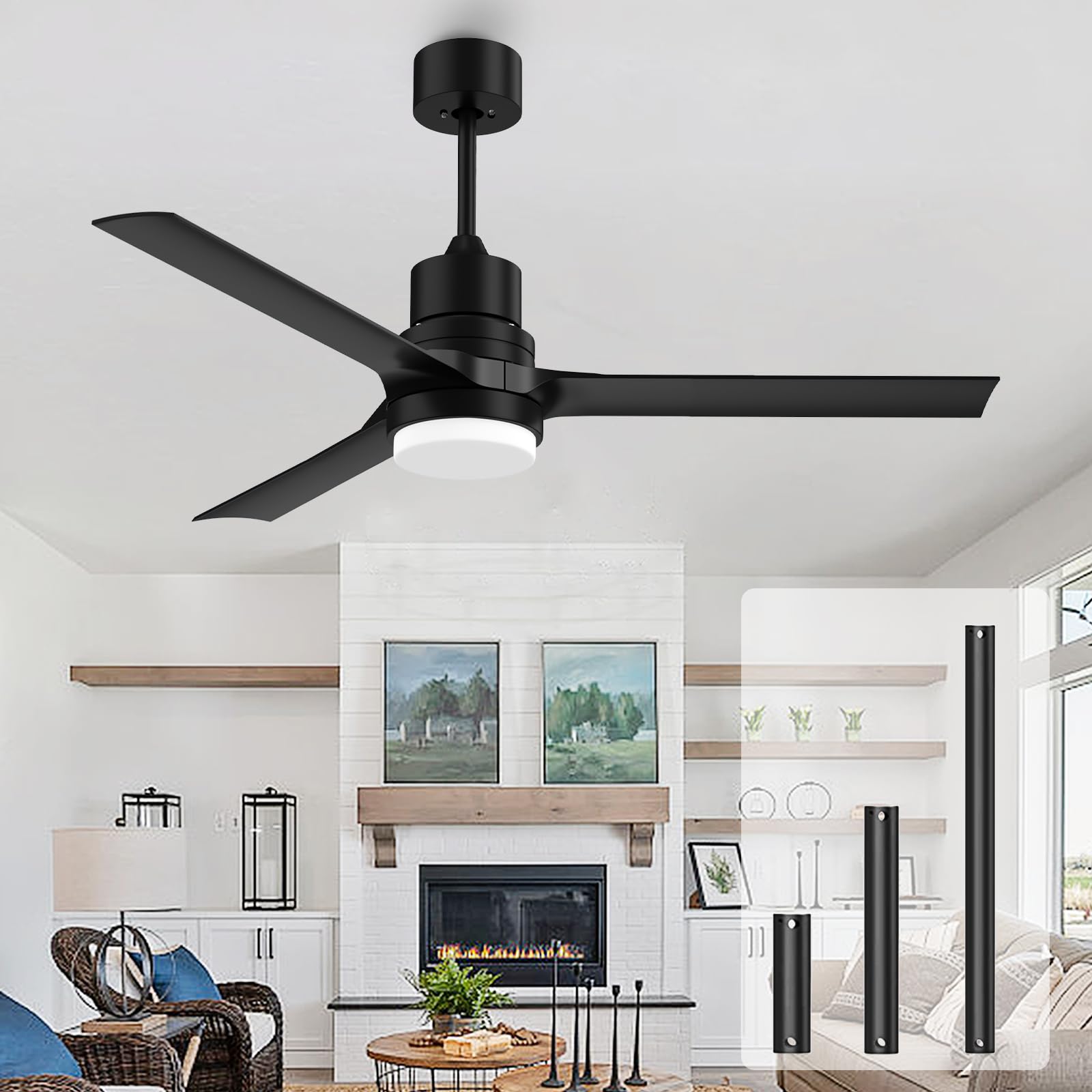Biukis Ceiling Fans with Lights, 52 Inch Black Ceiling Fan with Light and Remote 3 Color 6 Speed Adjustable, Noiseless DC Motor, Outdoor Fan for Indoor Outdoor Patio Farmhouse Bedroom