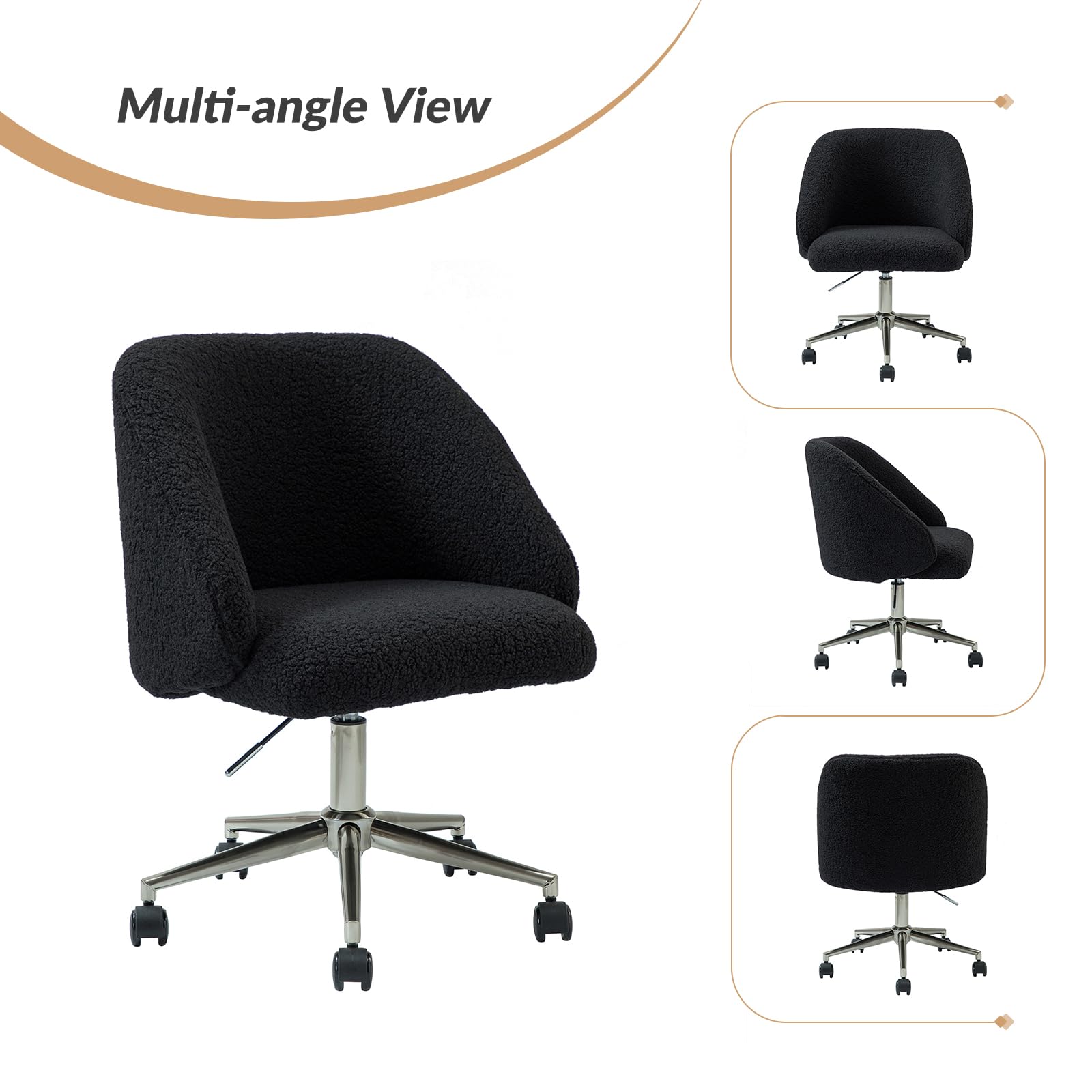 HULALA HOME Sherpa Home Office Desk Chair, Comfy Upholstered Adjustable Height Task Chair, Lamb Fleece Vanity Chair for Bedroom, Study Room, Black