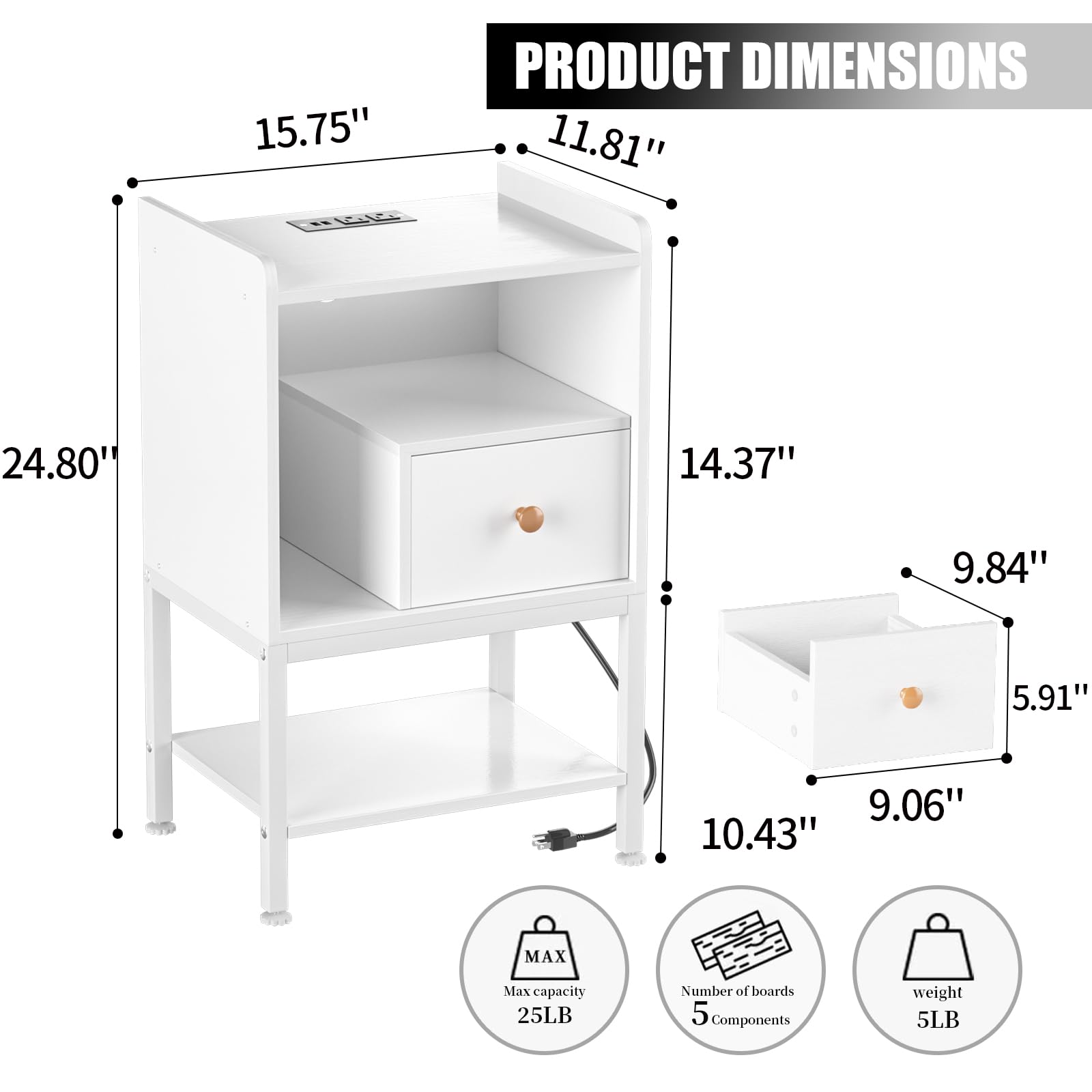 Gannyfer Nightstand with Charging Station,Night Stand with USB Ports and Storage Drawer,Modern 3-Tier End Side Table,Small Wood Bedside Table for Bedroom,Living Room,White
